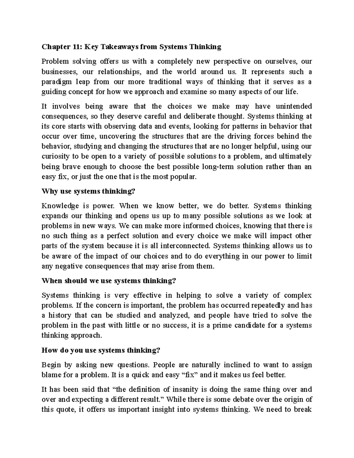 Chapter 11 Key Takeaways from Systems Thinking - Chapter 11: Key Takeaways from Systems Thinking ...