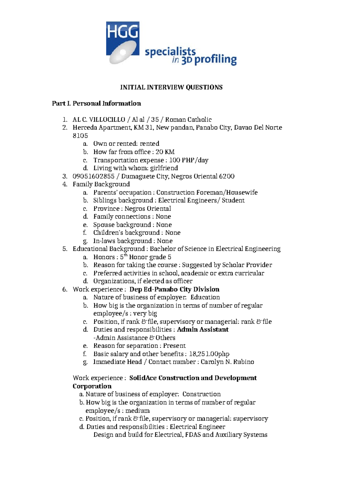 1. Initial Interview Questions - INITIAL INTERVIEW QUESTIONS Part I ...