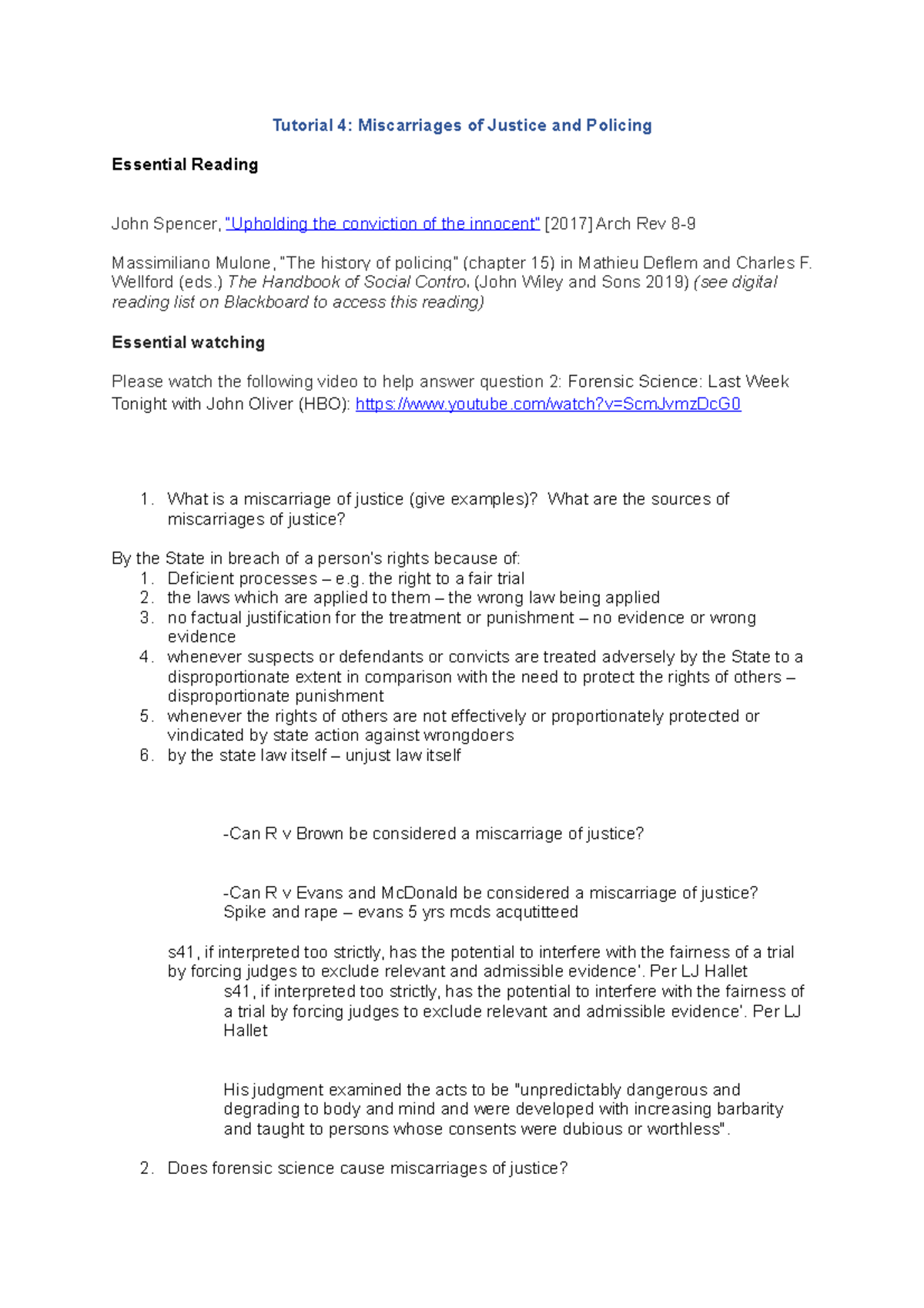 Tutorial 4 - NOTES - Tutorial 4: Miscarriages of Justice and Policing ...