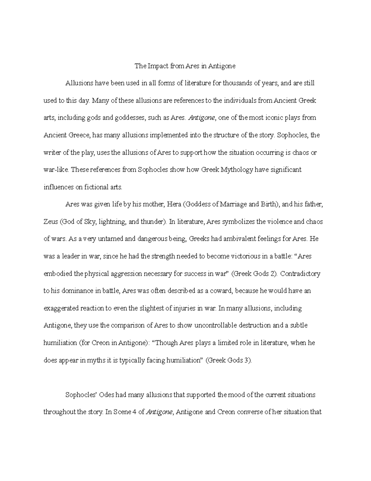 Allusion Project Essay - Antigone - The Impact from Ares in Antigone ...