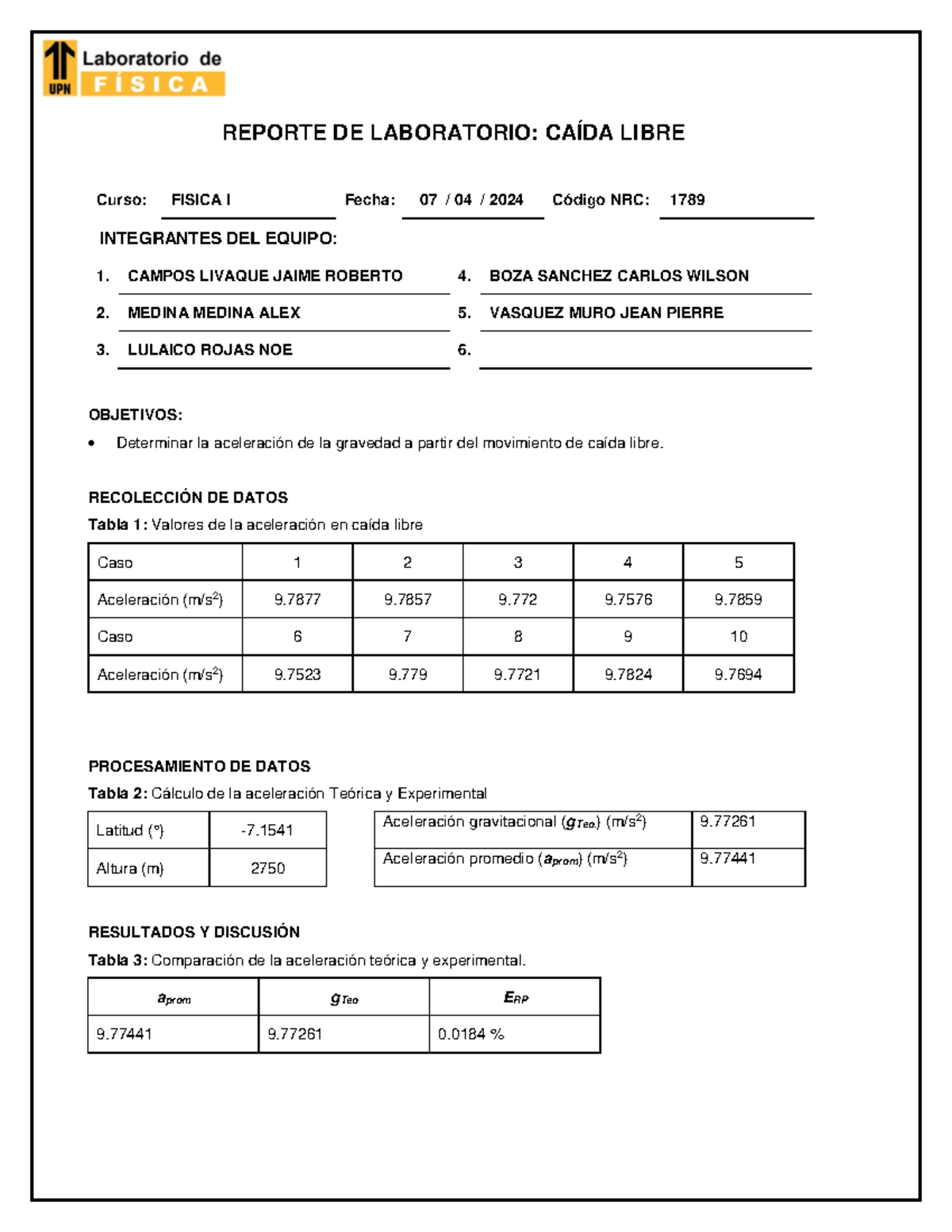 Reporte LAB FISI1 S02 CL 2024 grupo 4 - REPORTE DE LABORATORIO: CAÍDA LIBRE Curso: FISICA I ...