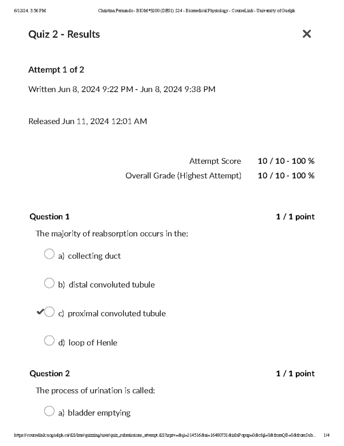 BIOM 3200 (DE01) S24 Quiz 2 - Quiz 2 - Results Attempt 1 of 2 Written Jun 8, 2024 9:22 PM - Jun ...