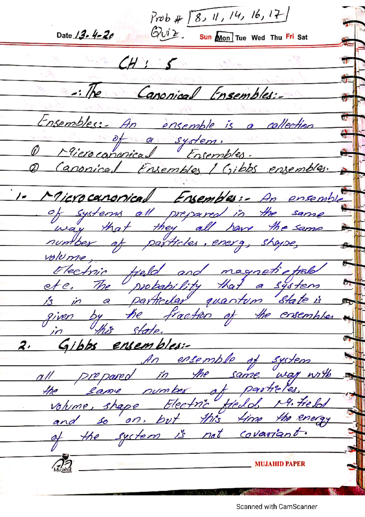 Statistical Physics Chapter 5 Lecture 1 Advanced Statistical Physics