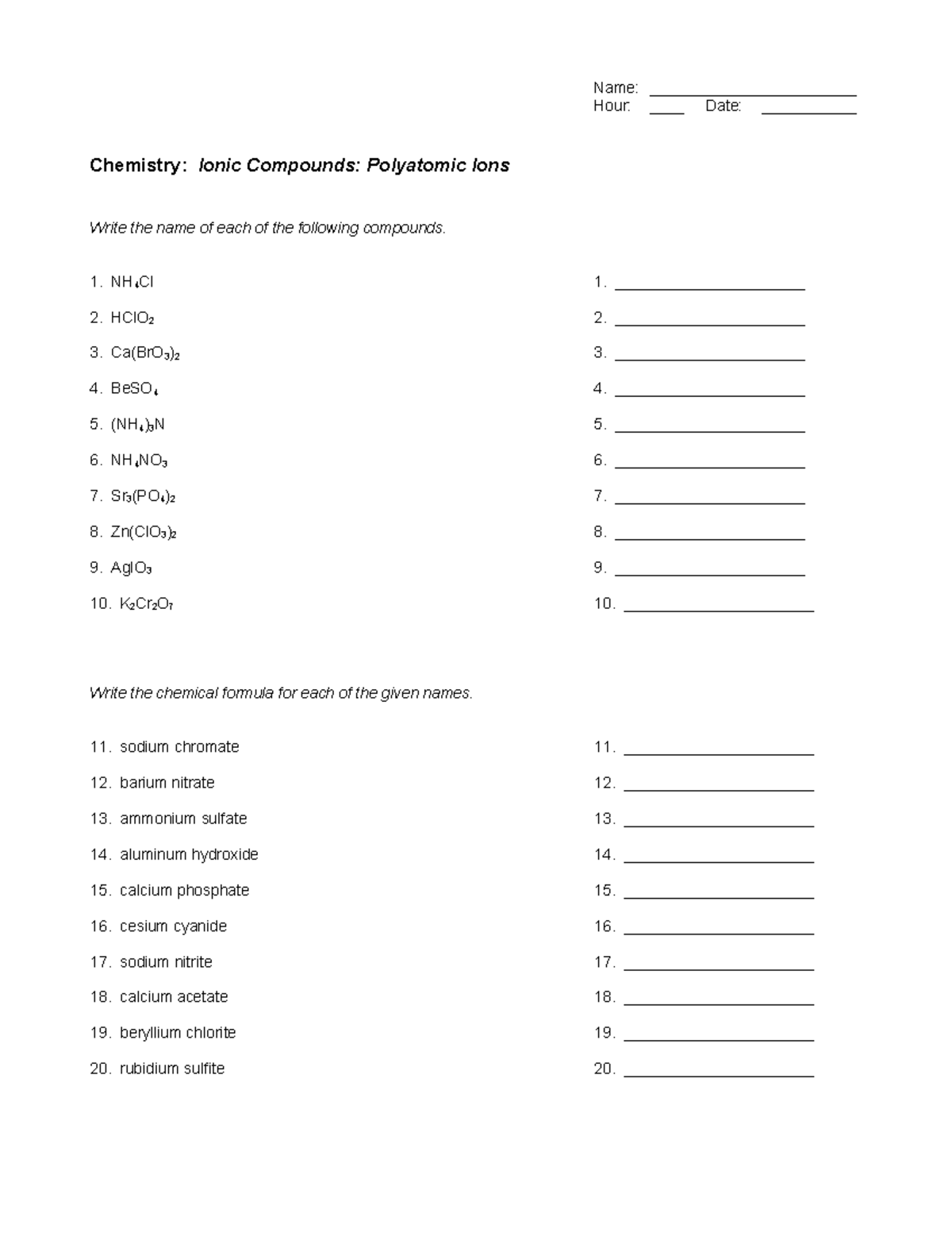 Ionic Polyatomic key2 - Name: ________________________ Hour: ____ Date ...