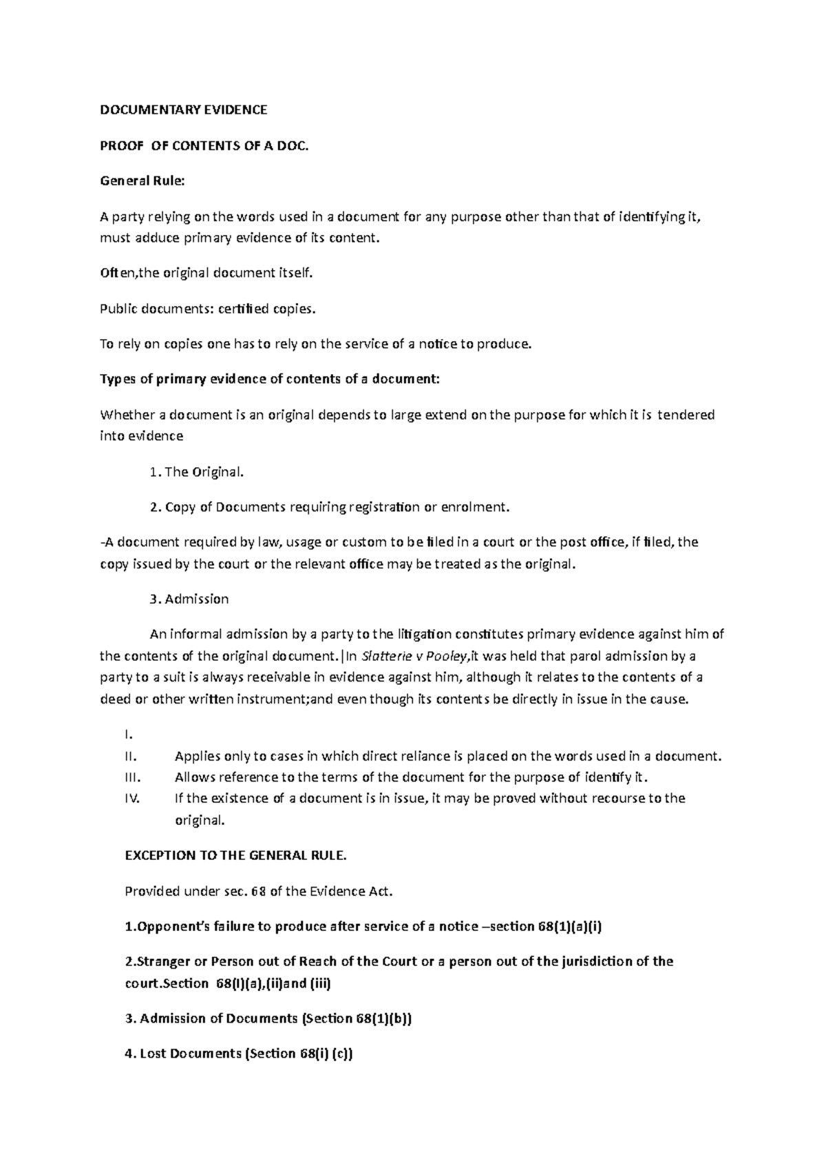 Documentary - short and precise notes - DOCUMENTARY EVIDENCE PROOF OF ...