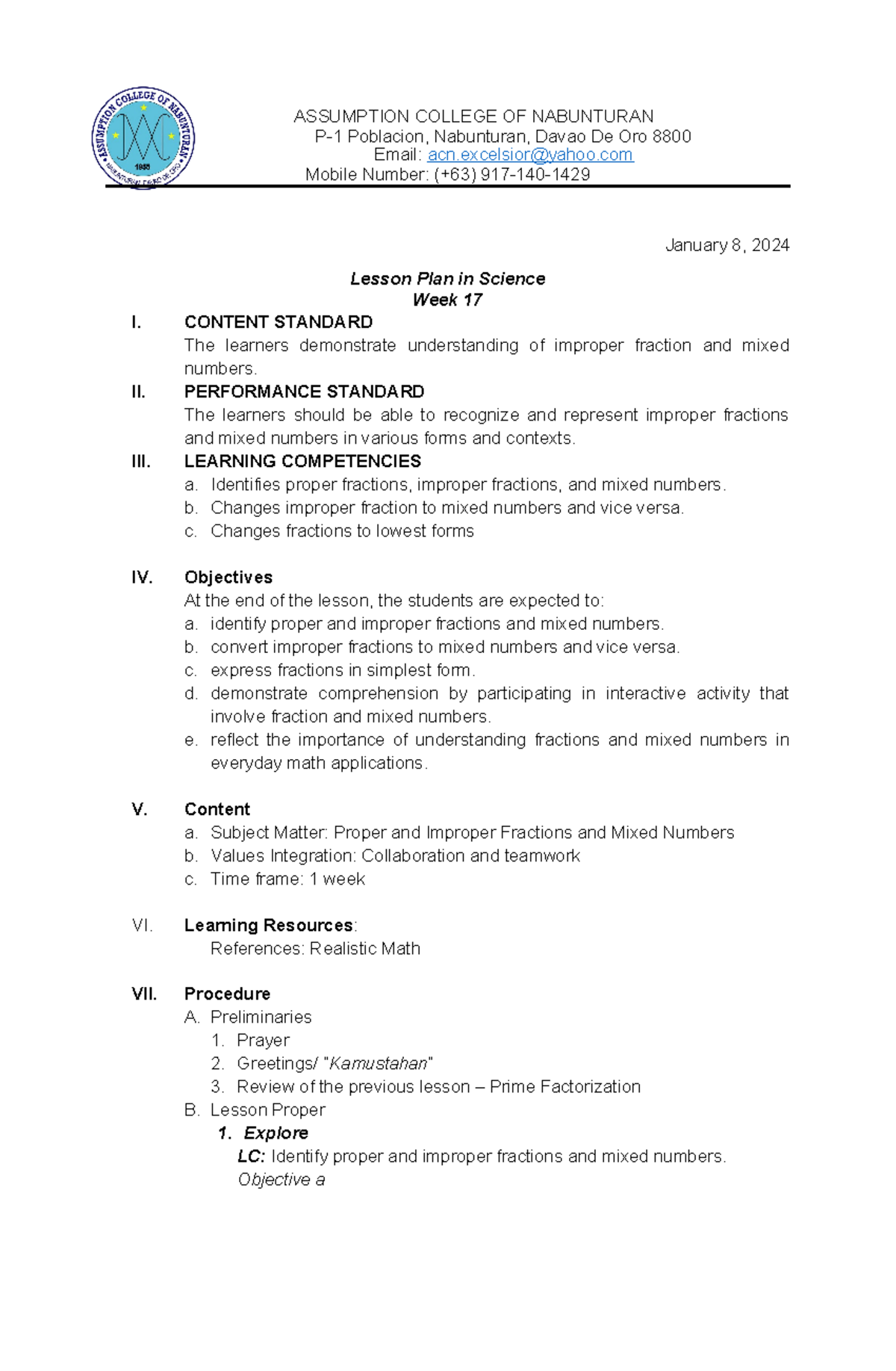 MATH 4 Lesson Planning - ASSUMPTION COLLEGE OF NABUNTURAN P-1 Poblacion ...