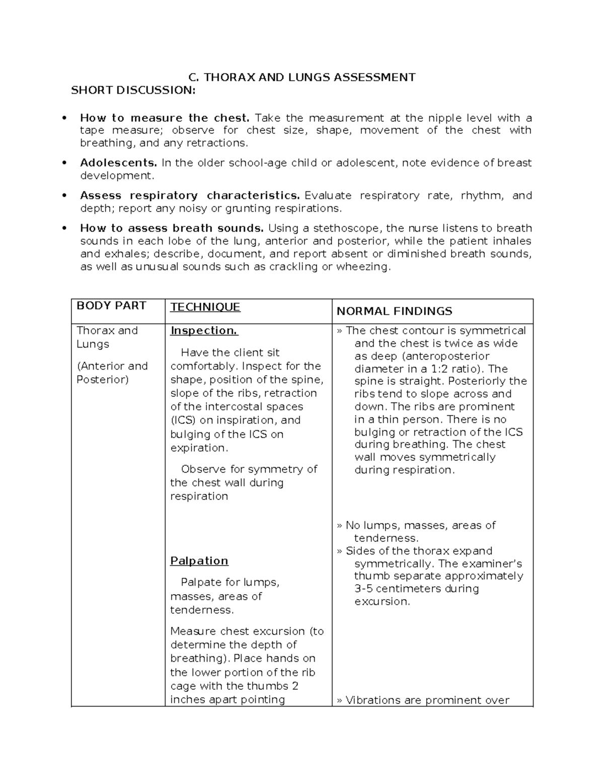 Ches - Chest Assessment - C. THORAX AND LUNGS ASSESSMENT SHORT ...