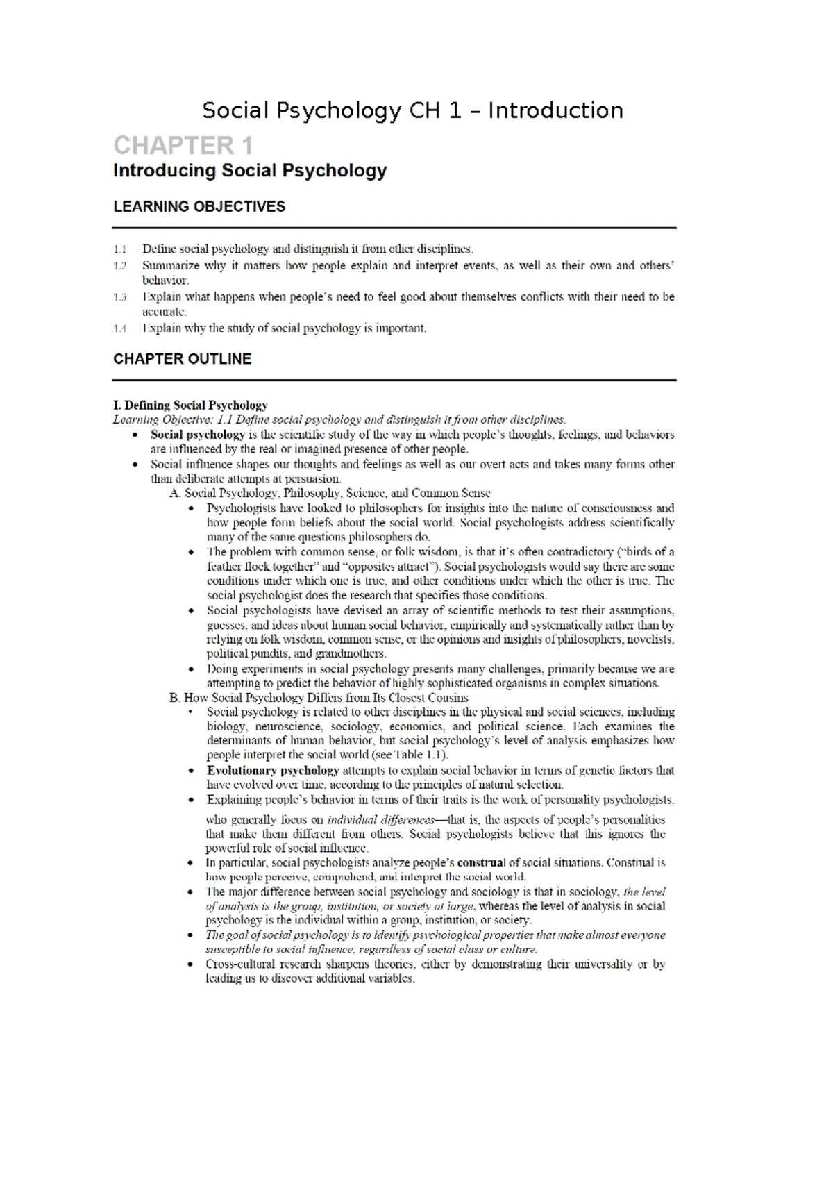 Social Psychology - CH 1 - ..) - FOCUS is on individual differences ...