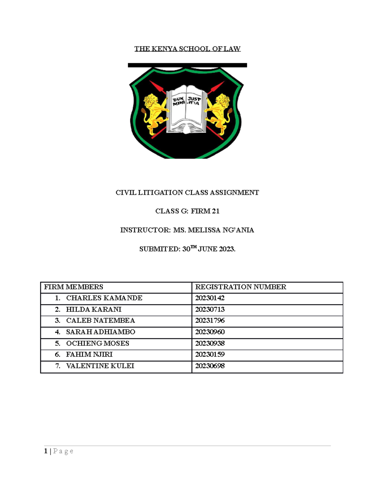 Civil Litigation Assignment FIRM 21 - THE KENYA SCHOOL OF LAW CIVIL ...