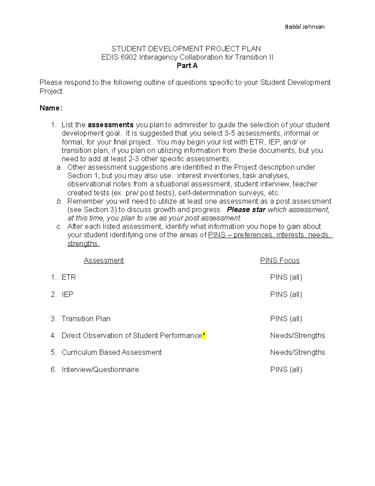 SDP Planning Guide Part A-Bobbi Johnson - Bobbi Johnson STUDENT ...