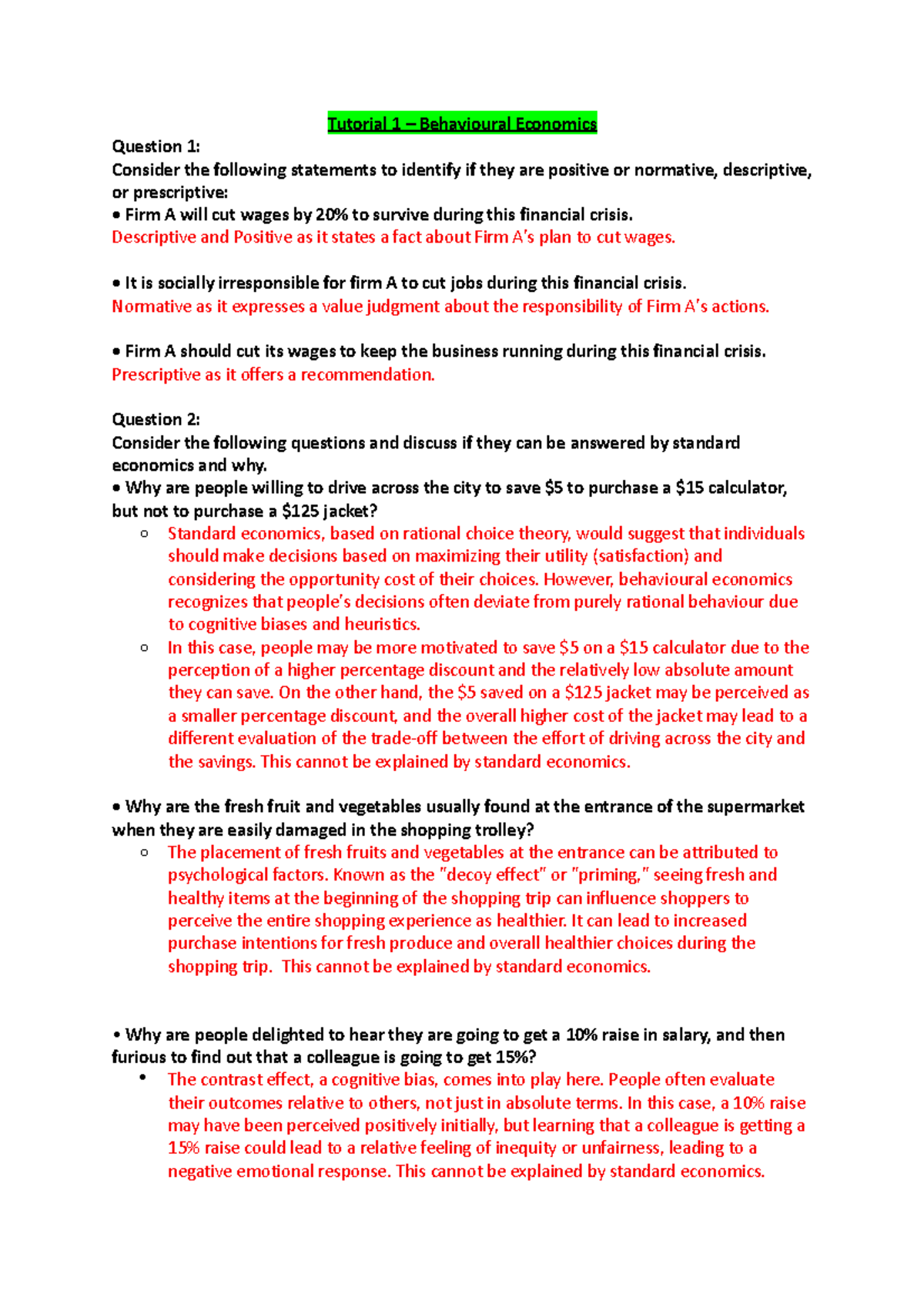 Tutorials 1-10 - Tutorial notes - Tutorial 1 – Behavioural Economics ...