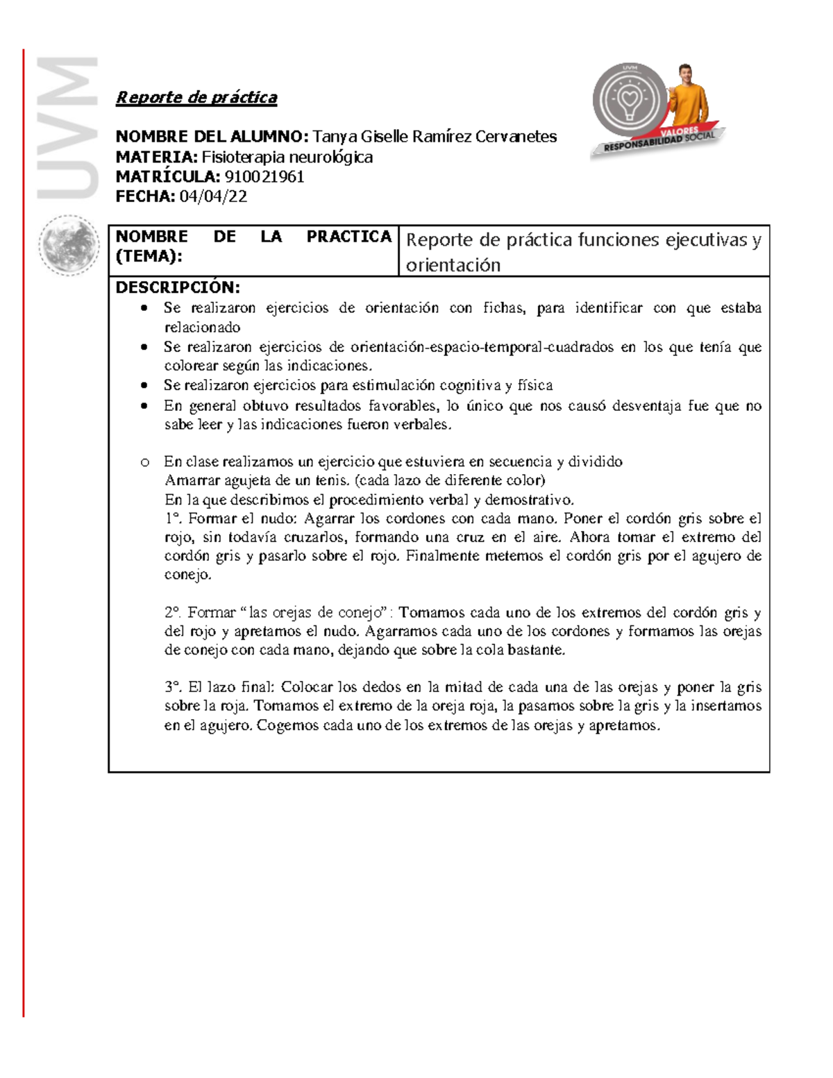 Reporte de práctica funciones ejecutivas y orientación - Reporte de ...