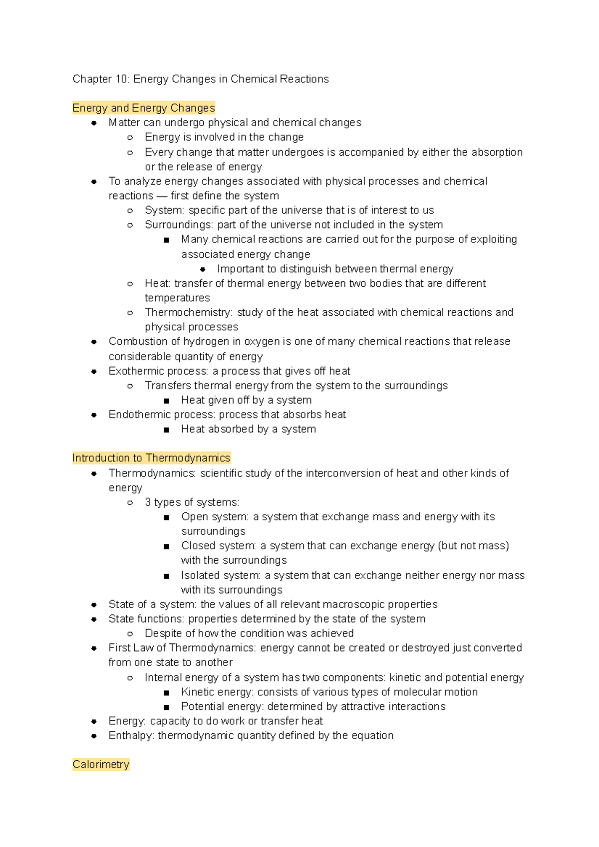 CHM1045 Ch. 10 Energy Changes in Chemical Reactions - Chapter 10 ...