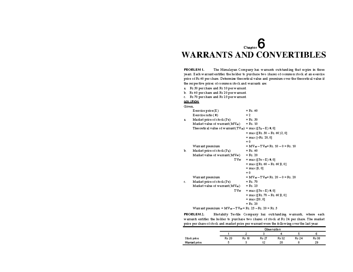 WARRANTS AND CONVERTIBLES Management and theoritical analysis - Chapter ...