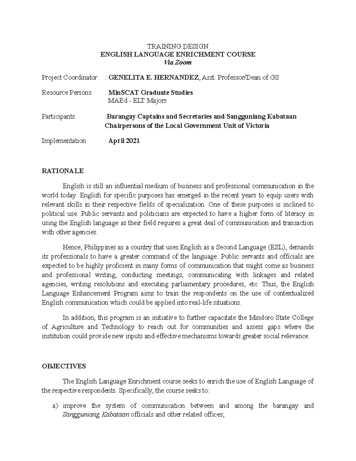 Training Design maed elt extension - TRAINING DESIGN ENGLISH LANGUAGE ...