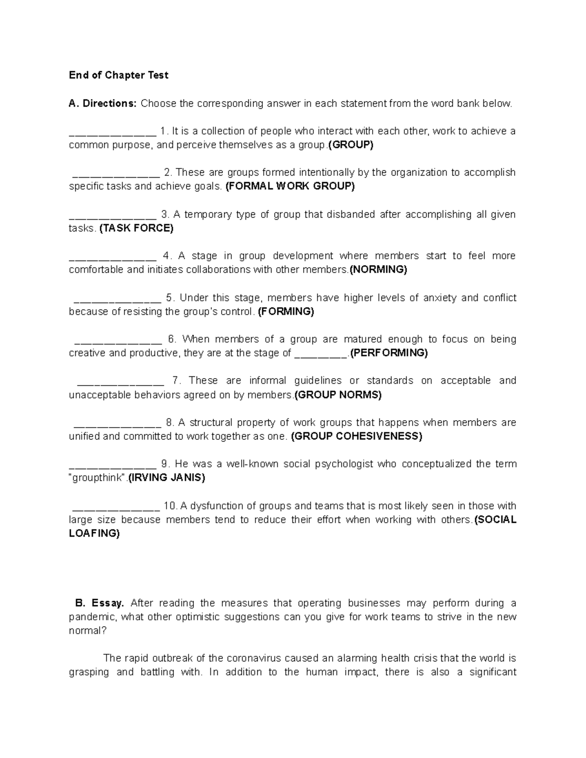 MGT 207 Chapter IX - End of Chapter Test A. Directions: Choose the ...