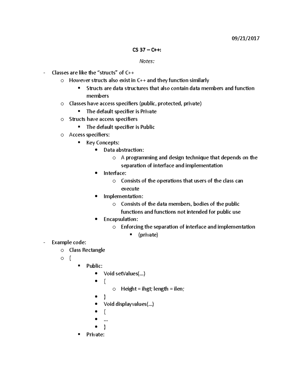CS 37 - Notes #5 - 09/21/ CS 37 – C++: Notes: Classes are like the ...
