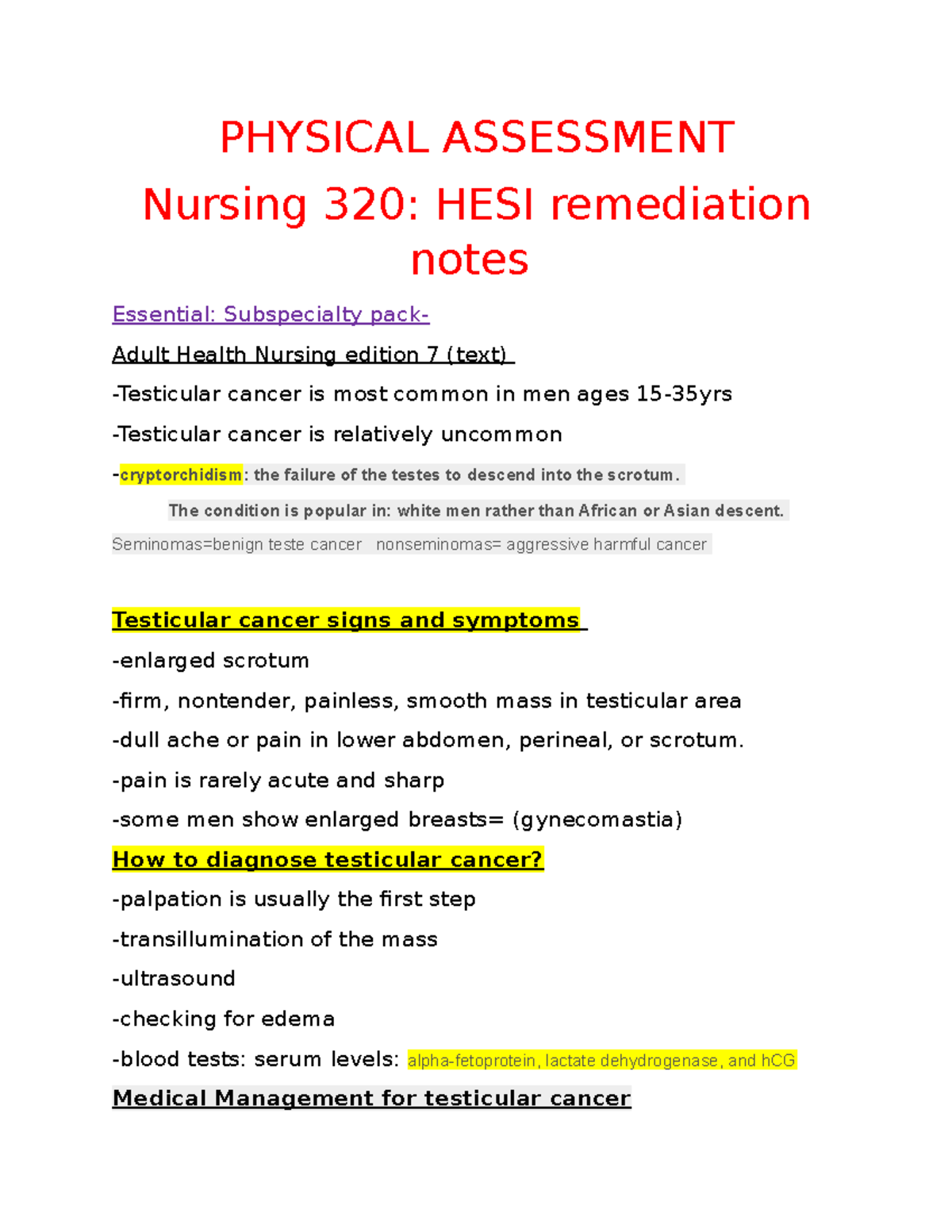 Nursing 320 remediation notes - PHYSICAL ASSESSMENT Nursing 320: HESI ...