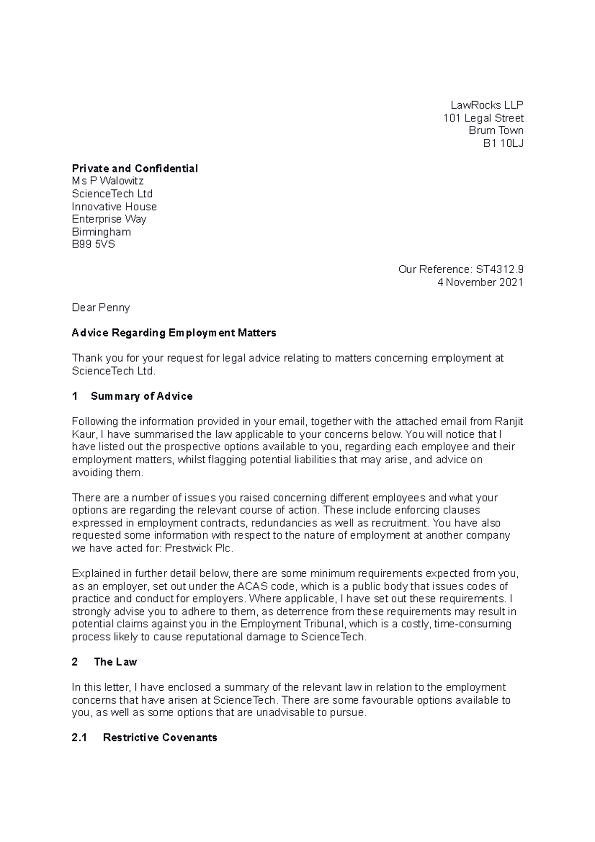 Employment draft letter of advice - LawRocks LLP 101 Legal Street Brum ...