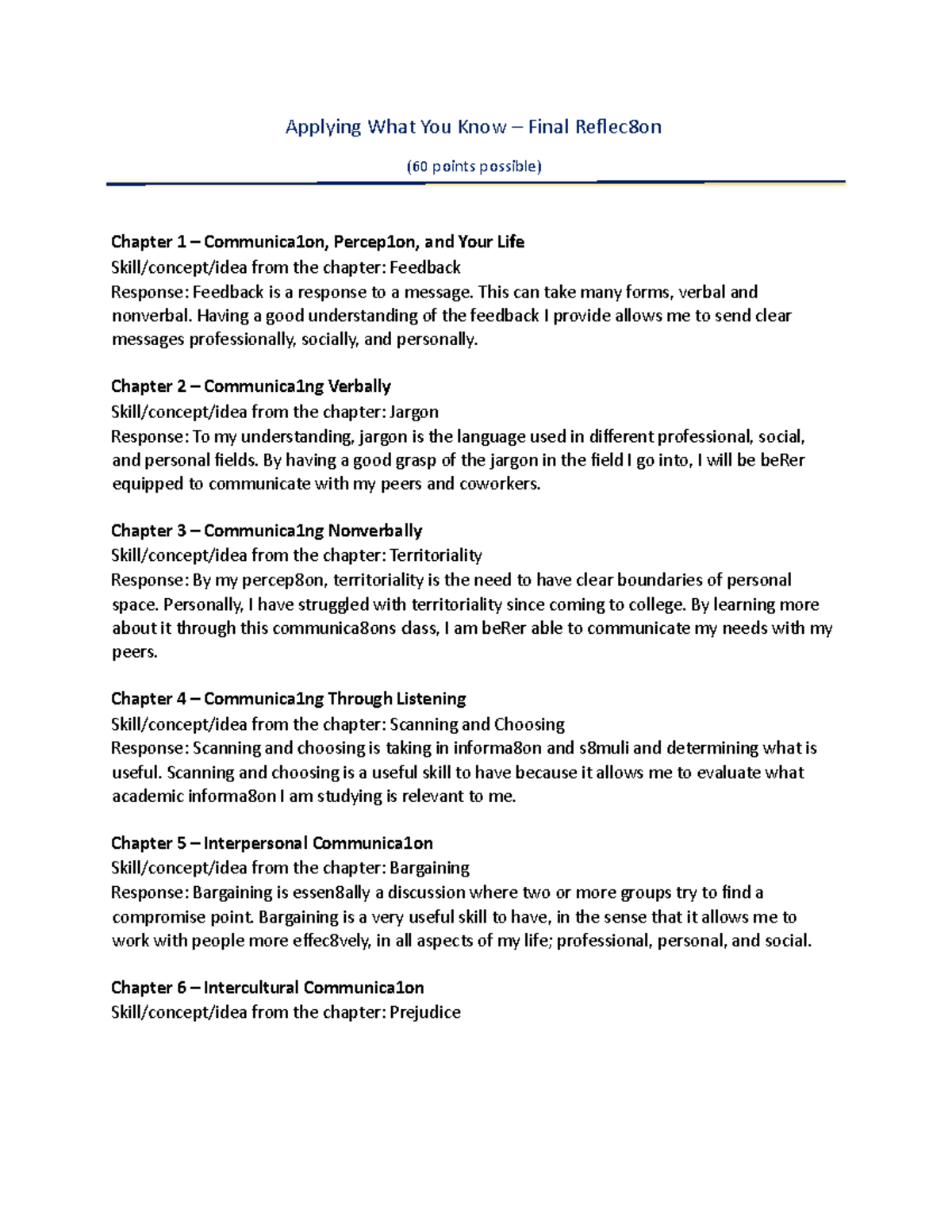 Final Reflection - Applying What You Know – Final Reflec8on (60 points ...