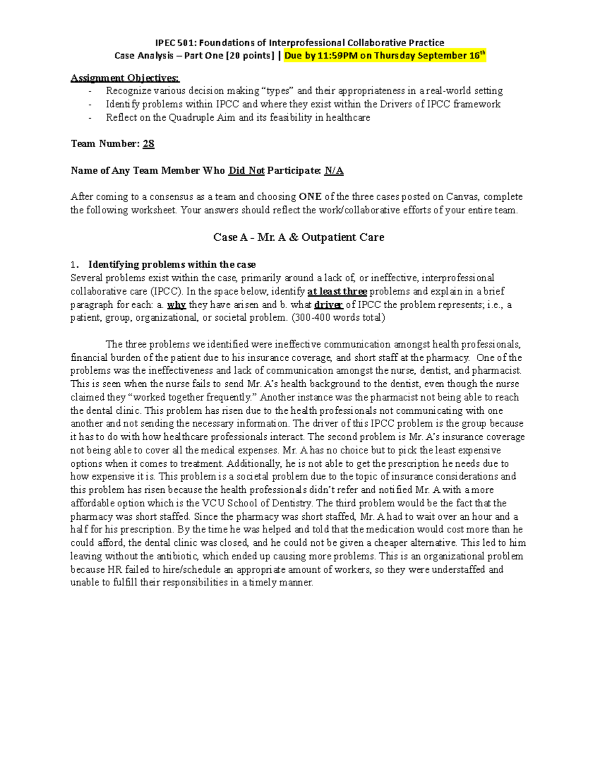 Case Analysis - Part One Team Worksheet.docx - Case Analysis – Part One ...