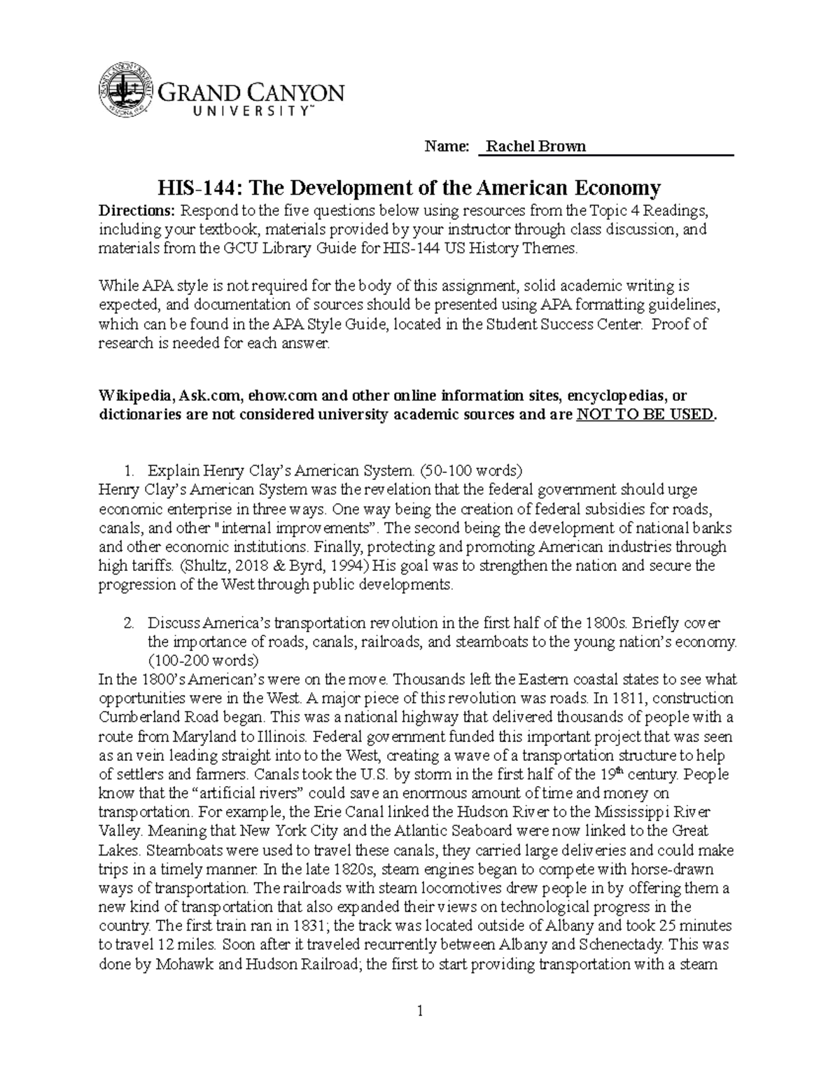 HIS-144-RS-Development of the American Economy Worksheet - Name: Rachel ...