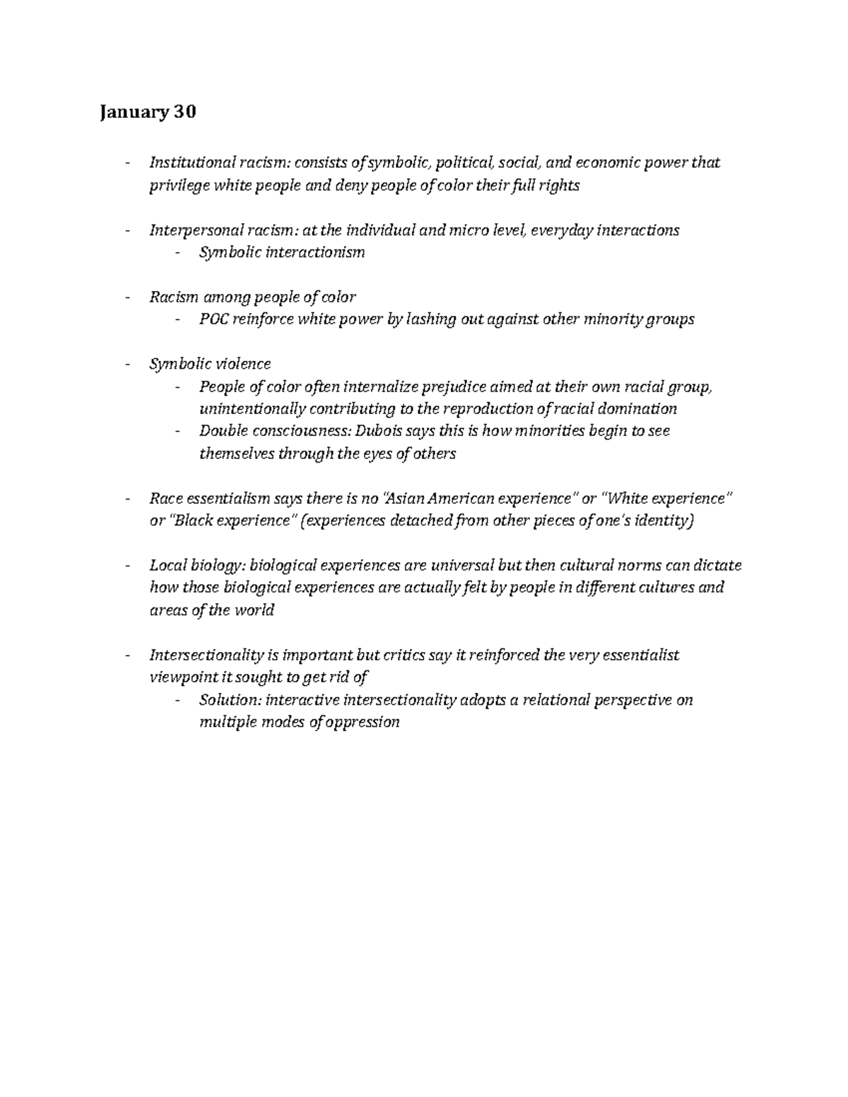 Class 5 Notes - Institutional racism, interpersonal racism, racism ...