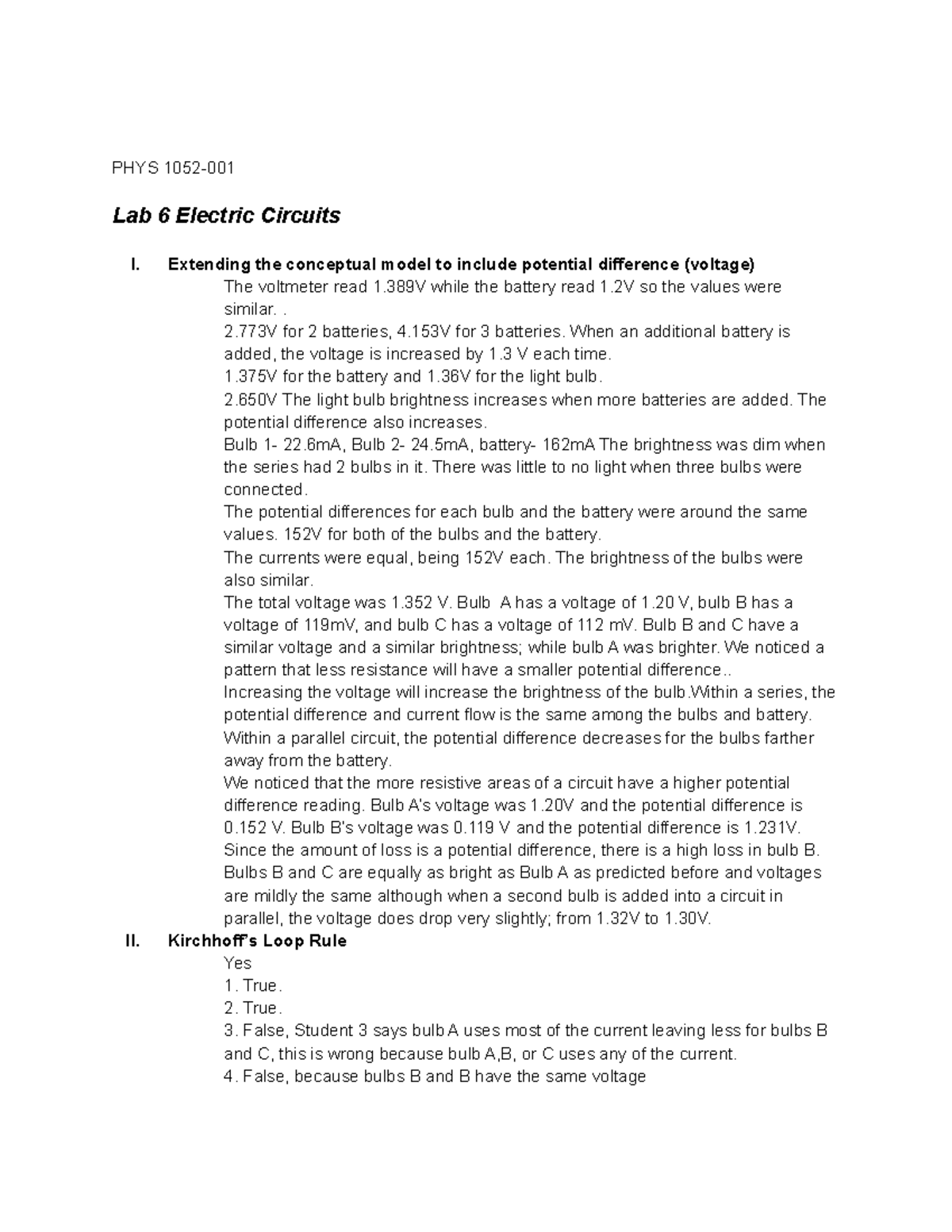 Physics 2 Lab 6 - Conceptual Model for Voltage - PHYS 1052- Lab 6 Electric Circuits I. Extending ...
