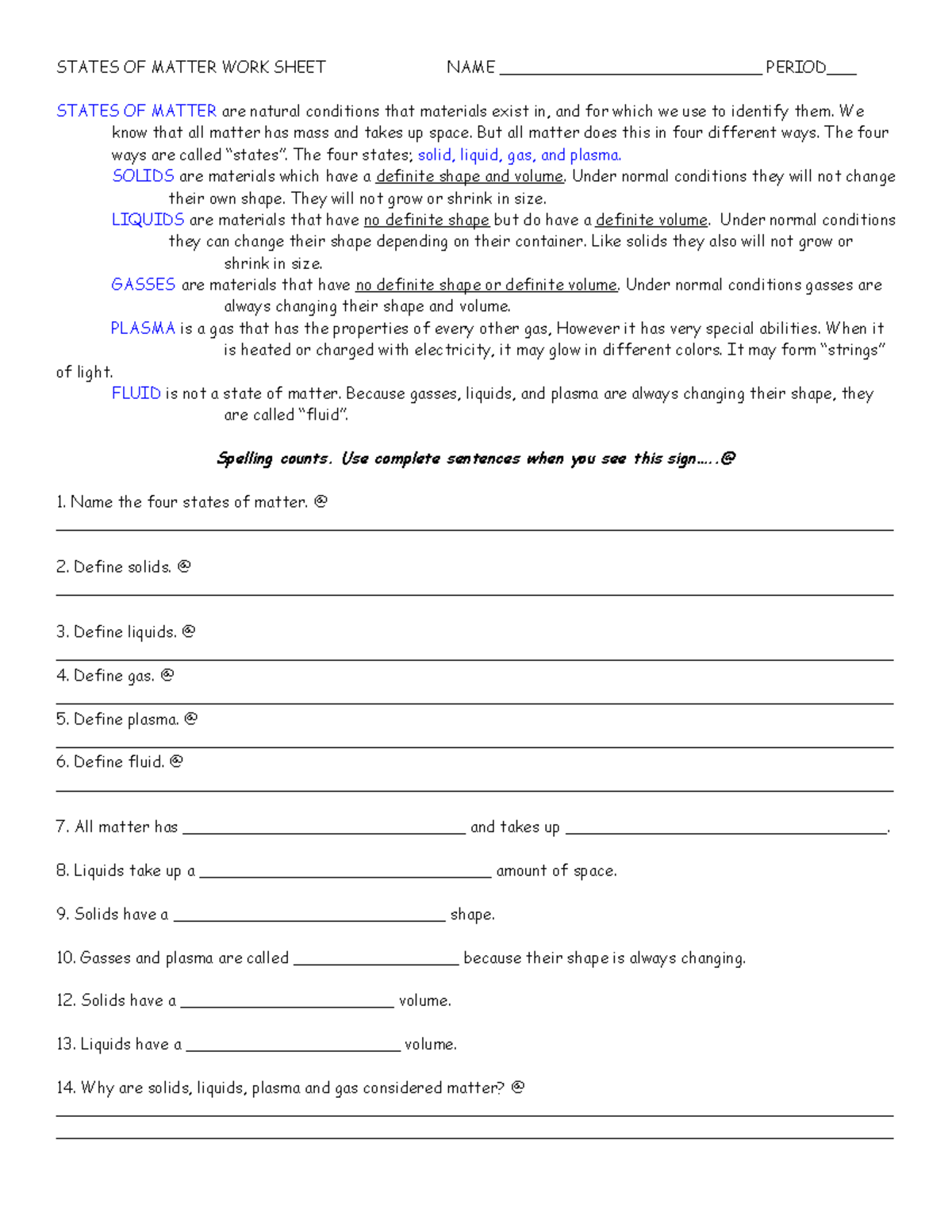 States of Matter Worksheet - STATES OF MATTER WORK SHEET NAME