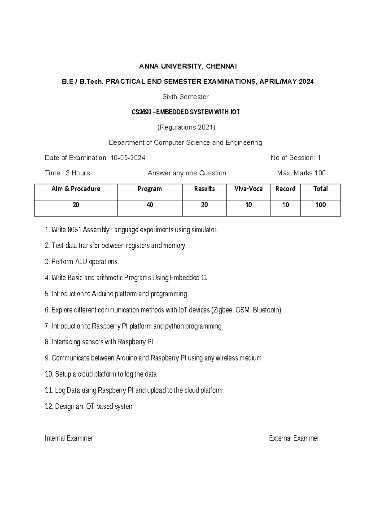 Iot Univ Lab Question Anna University Chennai B B Practical End Semester Examinations 