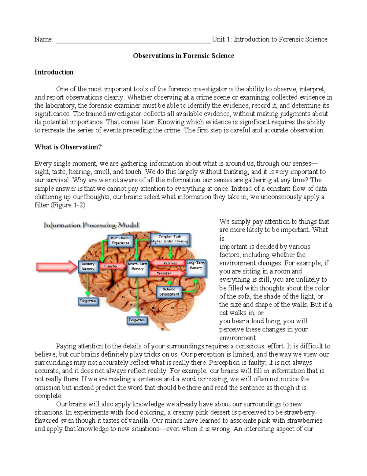 Unit 1 Observation in Forensics Reading - Name