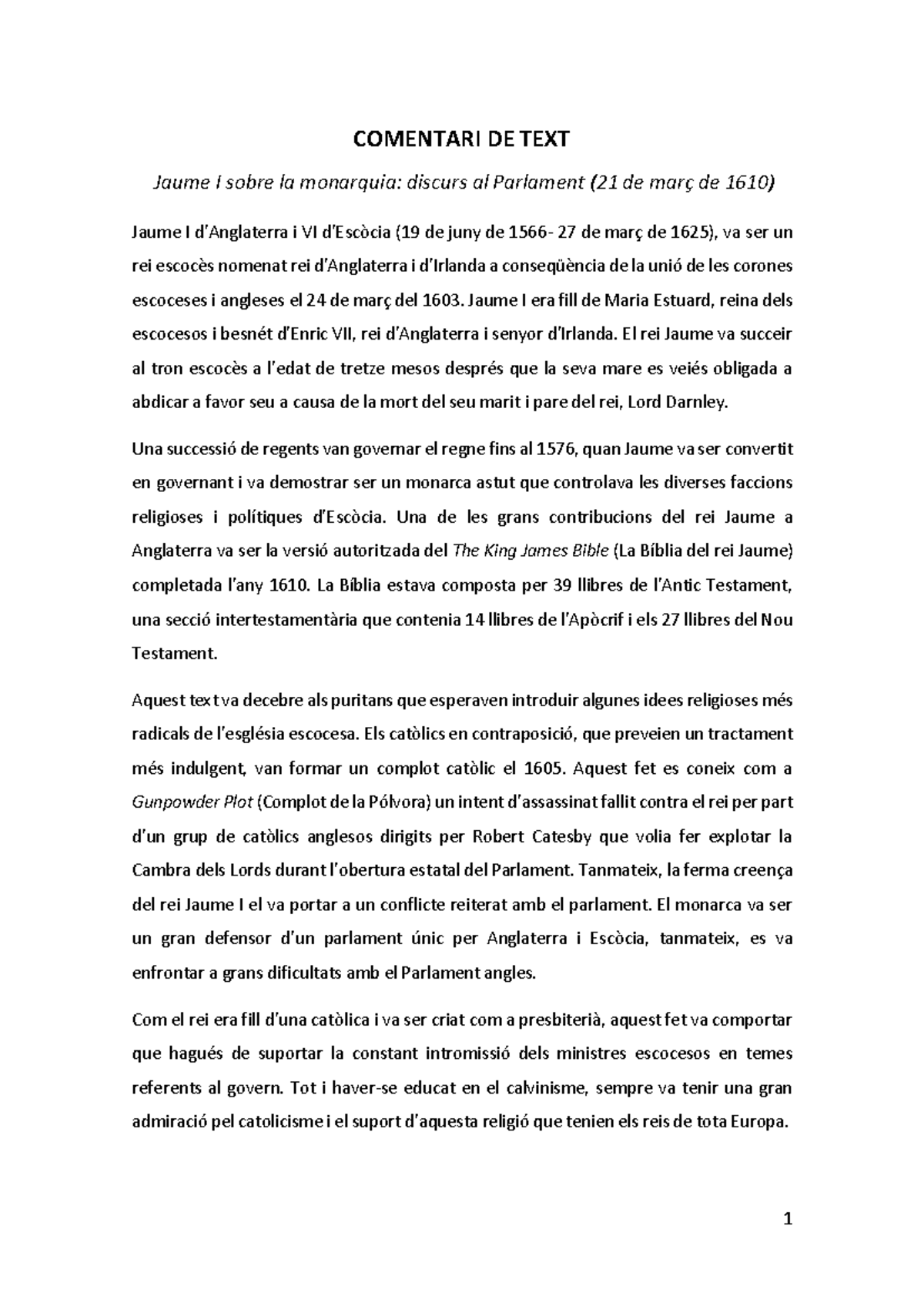 1 Comentari DE TEXT Moderna - COMENTARI DE TEXT Jaume I sobre la ...
