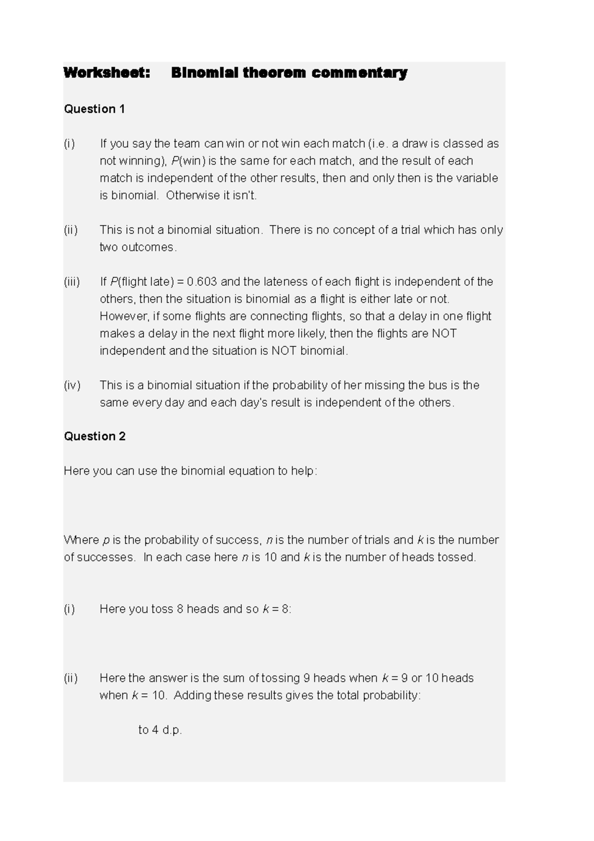 Worksheet Binomial theorem commentary - Worksheet: Binomial theorem ...