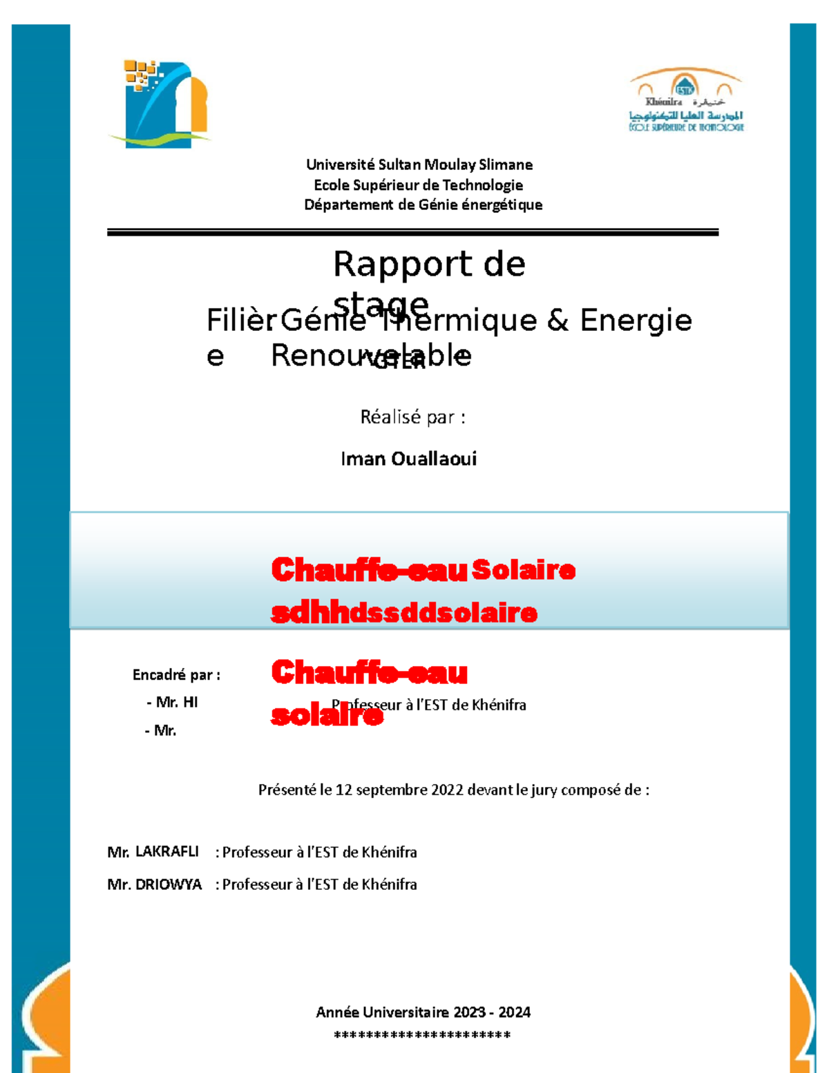 Allali Mohammed 17- rapport (SFE) -ESTK - Université Sultan Moulay Slimane Ecole Supérieur de ...