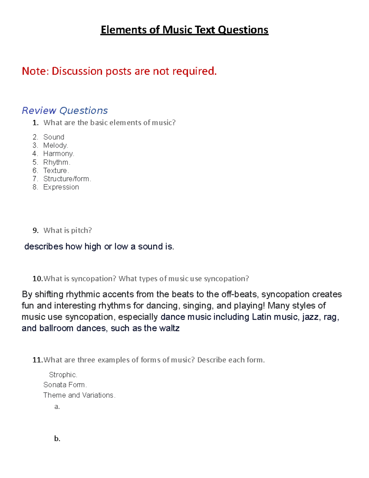 Music Appreciation Unit 01Text Questions - Elements of Music Text ...