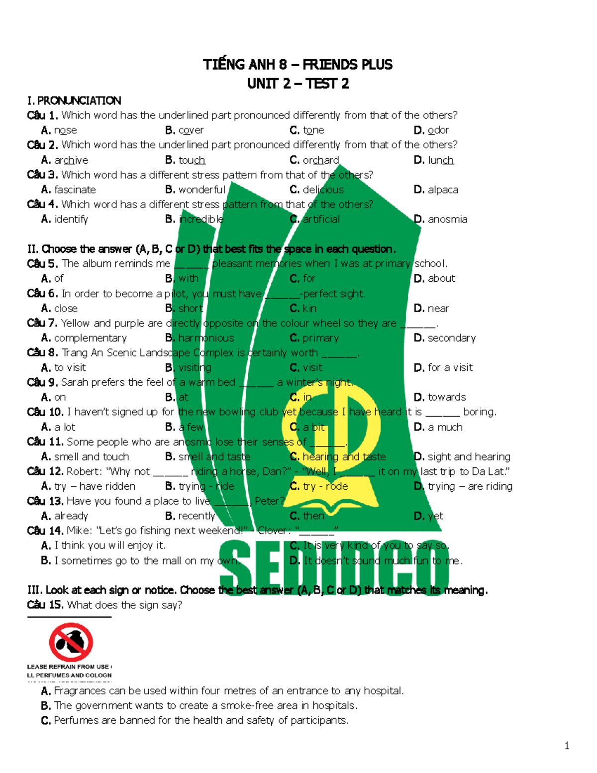 Tieng Anh 8 Friends Plus - Unit 2 - Test 2 - TI ẾNG ANH 8 – FRIENDS ...