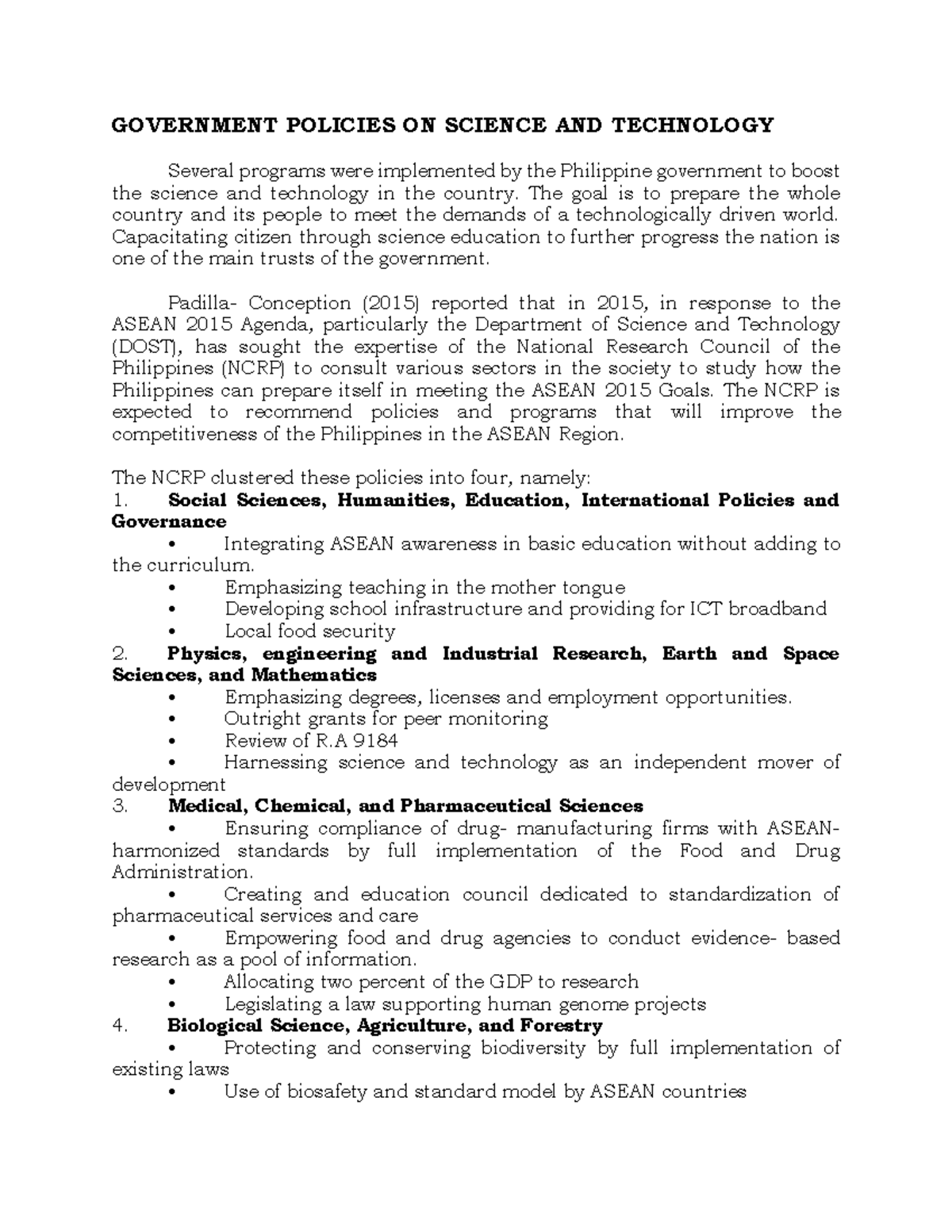STS Module 3 - To help - GOVERNMENT POLICIES ON SCIENCE AND TECHNOLOGY ...