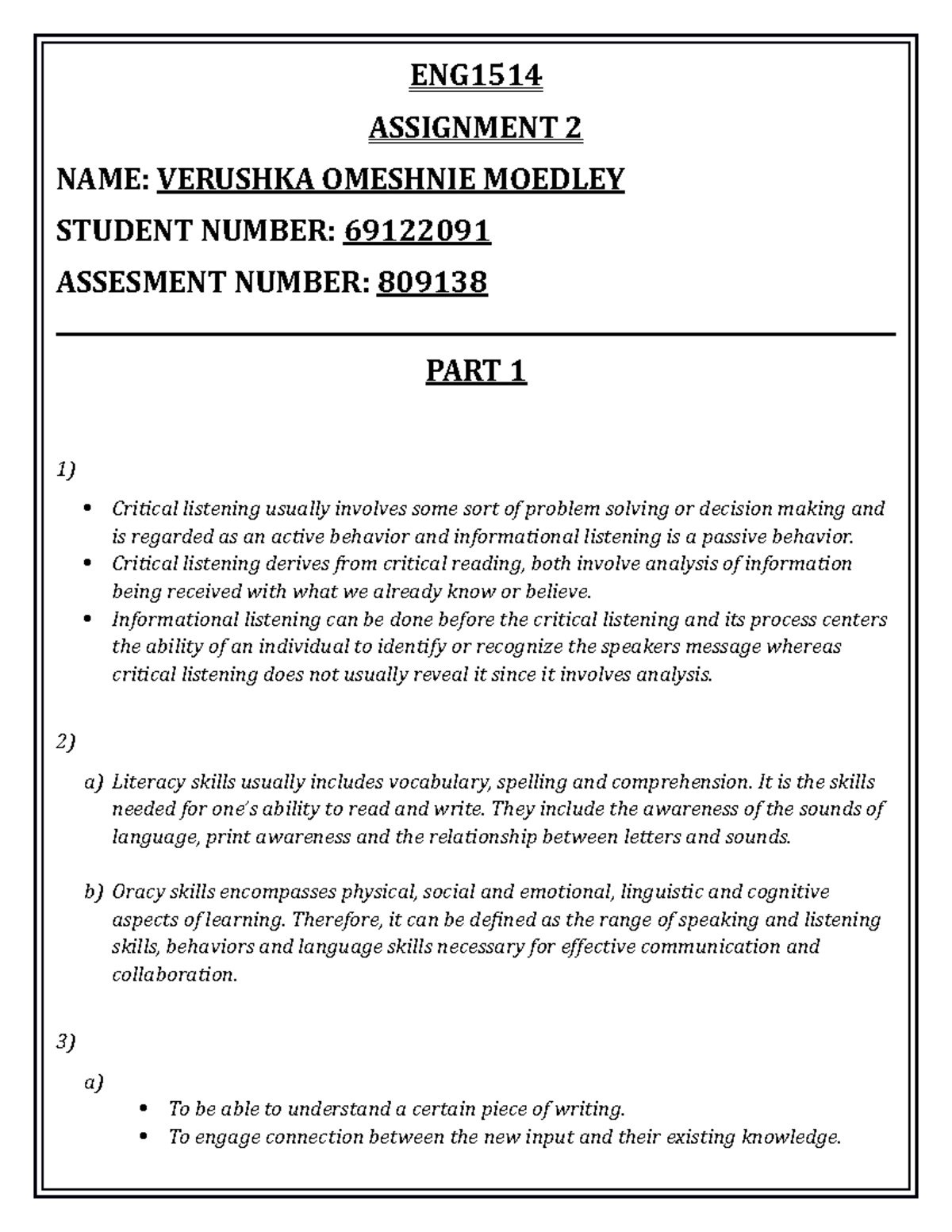 ENG1514 - ENGLISH ASSIGNMENT - ENG ASSIGNMENT 2 NAME: VERUSHKA OMESHNIE MOEDLEY STUDENT NUMBER ...