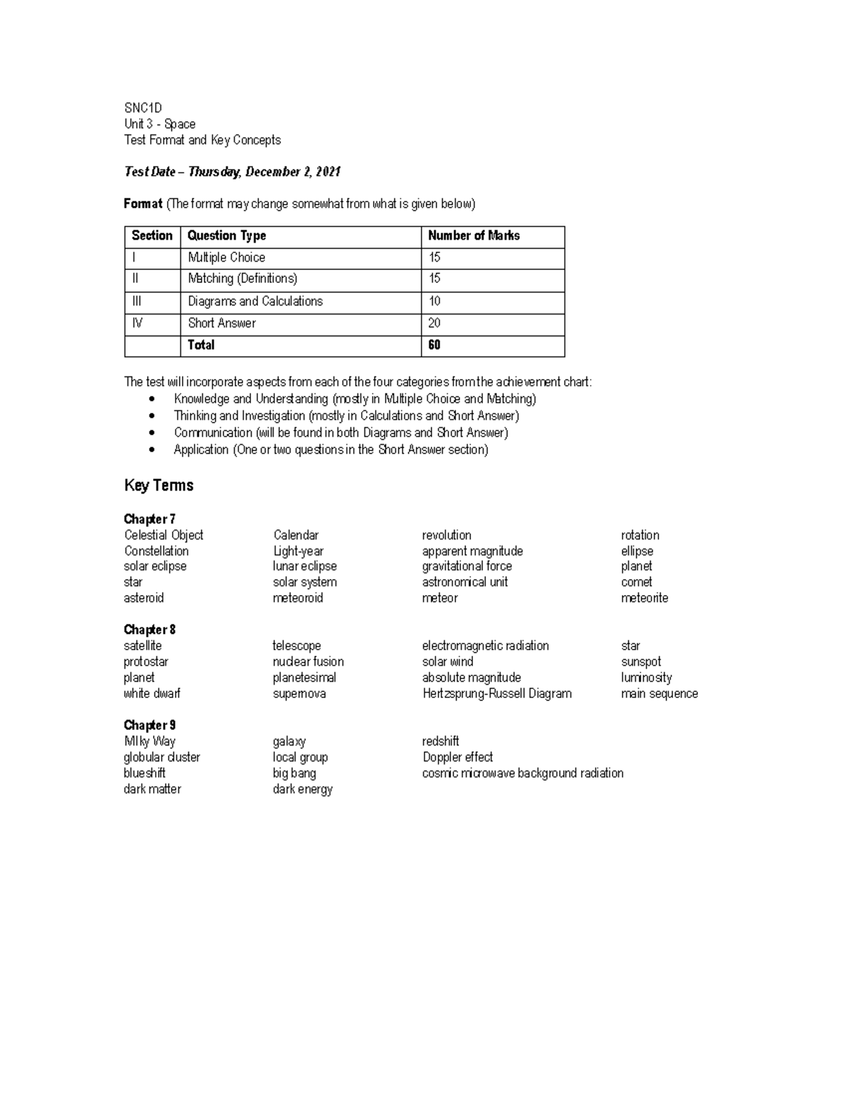 Space Test Review 2021b - SNC1D Unit 3 - Space Test Format and Key ...