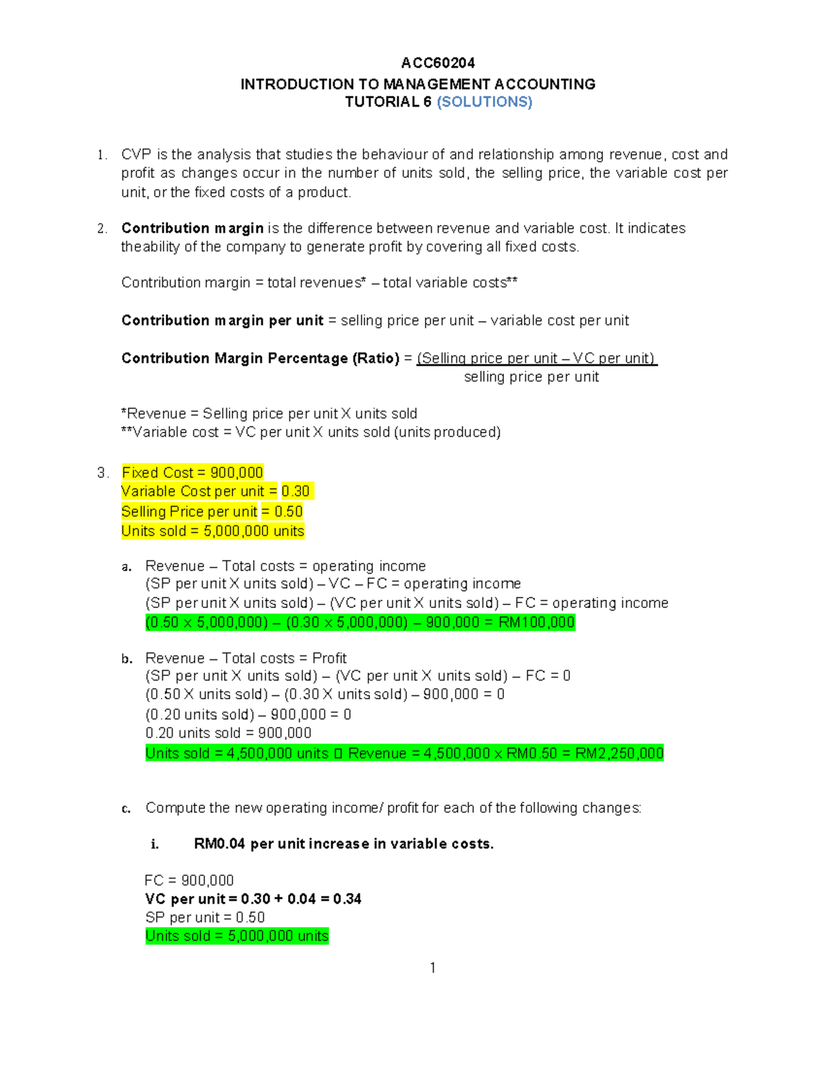 IMA Tutorial 6 (A) - Answers - ACC INTRODUCTION TO MANAGEMENT ...