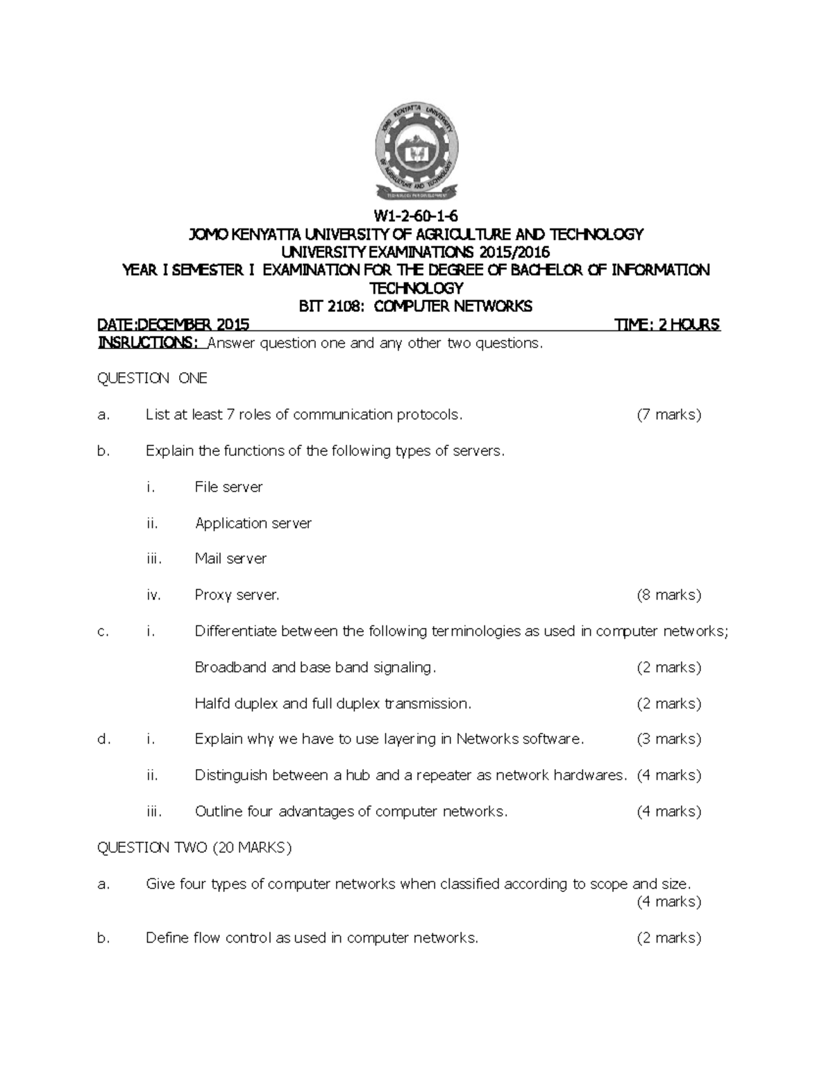 BIT 2108 Computer Networks - W1-2-60-1- JOMO KENYATTA UNIVERSITY OF ...