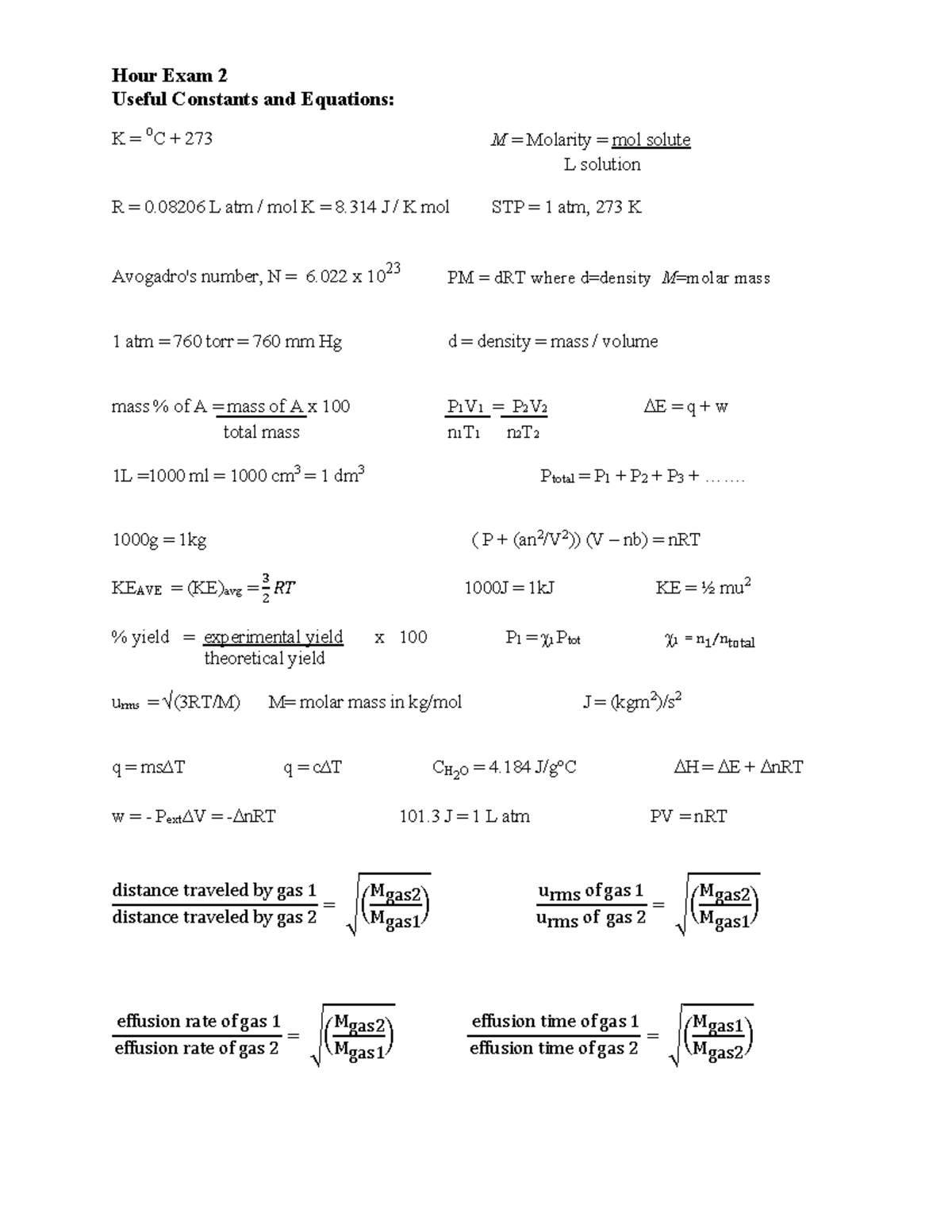 Chem 102 exam 2 - Practice Exam that helps with exam 2. - Hour Exam 2 ...