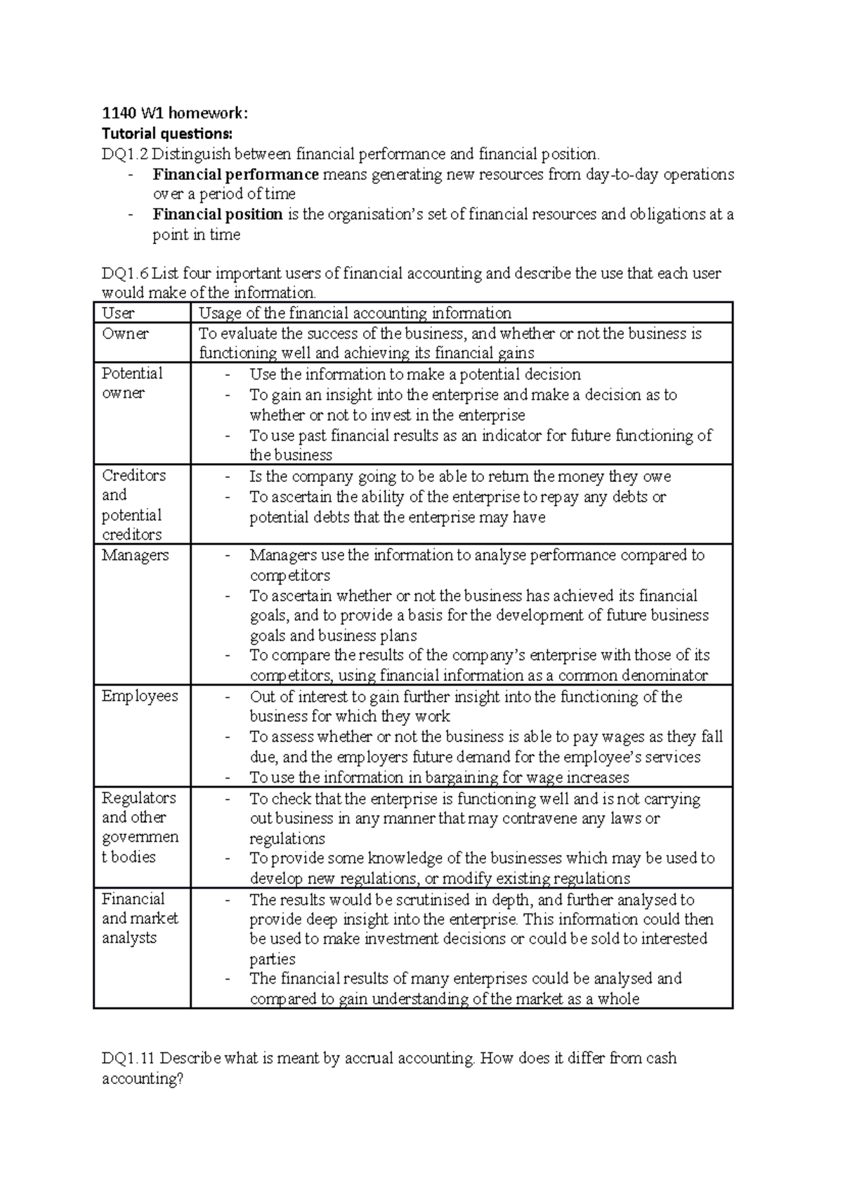 1140 W1 homework - 1140 W1 homework: Tutorial questions: DQ1 ...