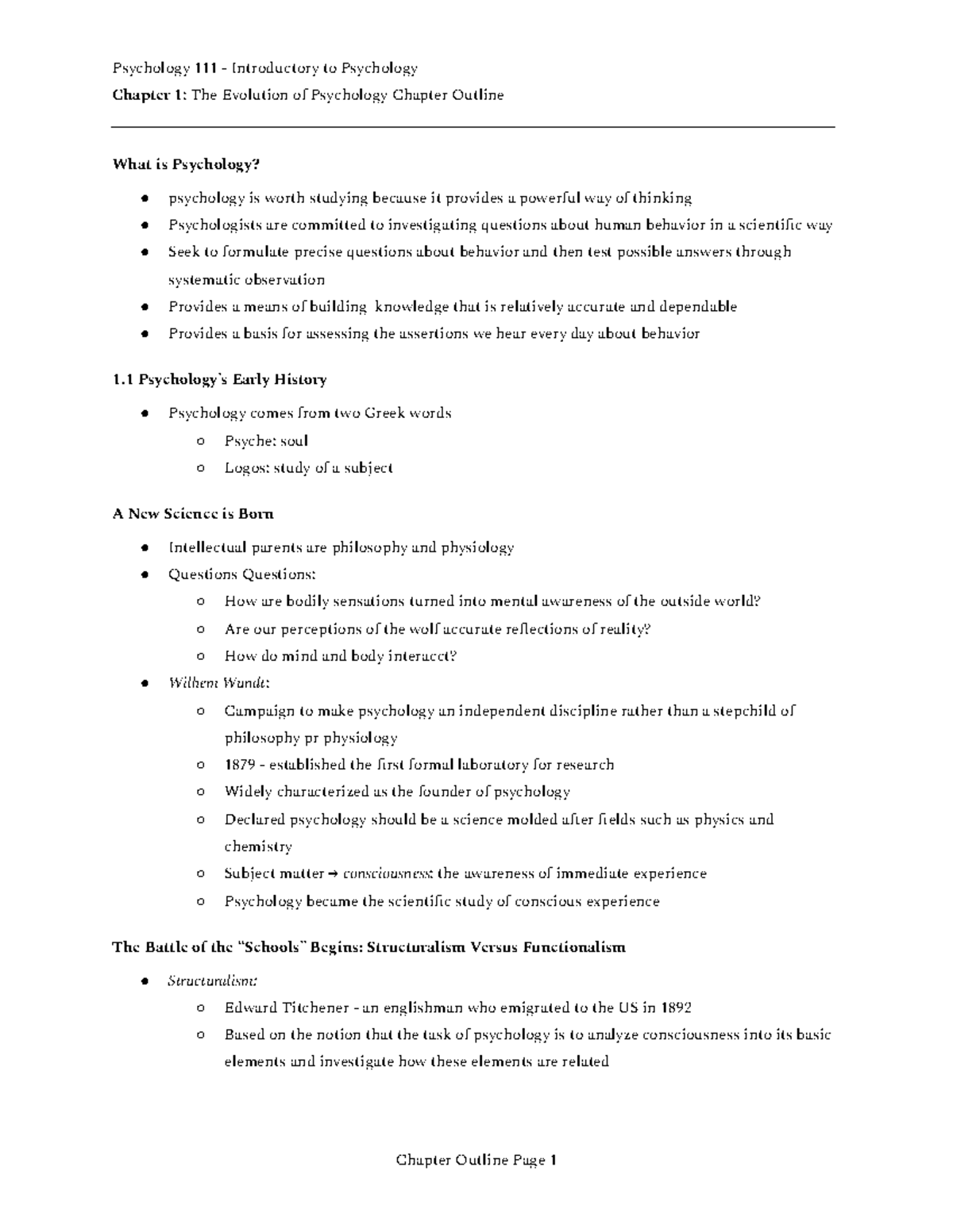 Chapter 1 The Evolution of Psycholgoy Outline - Psychology 111 ...