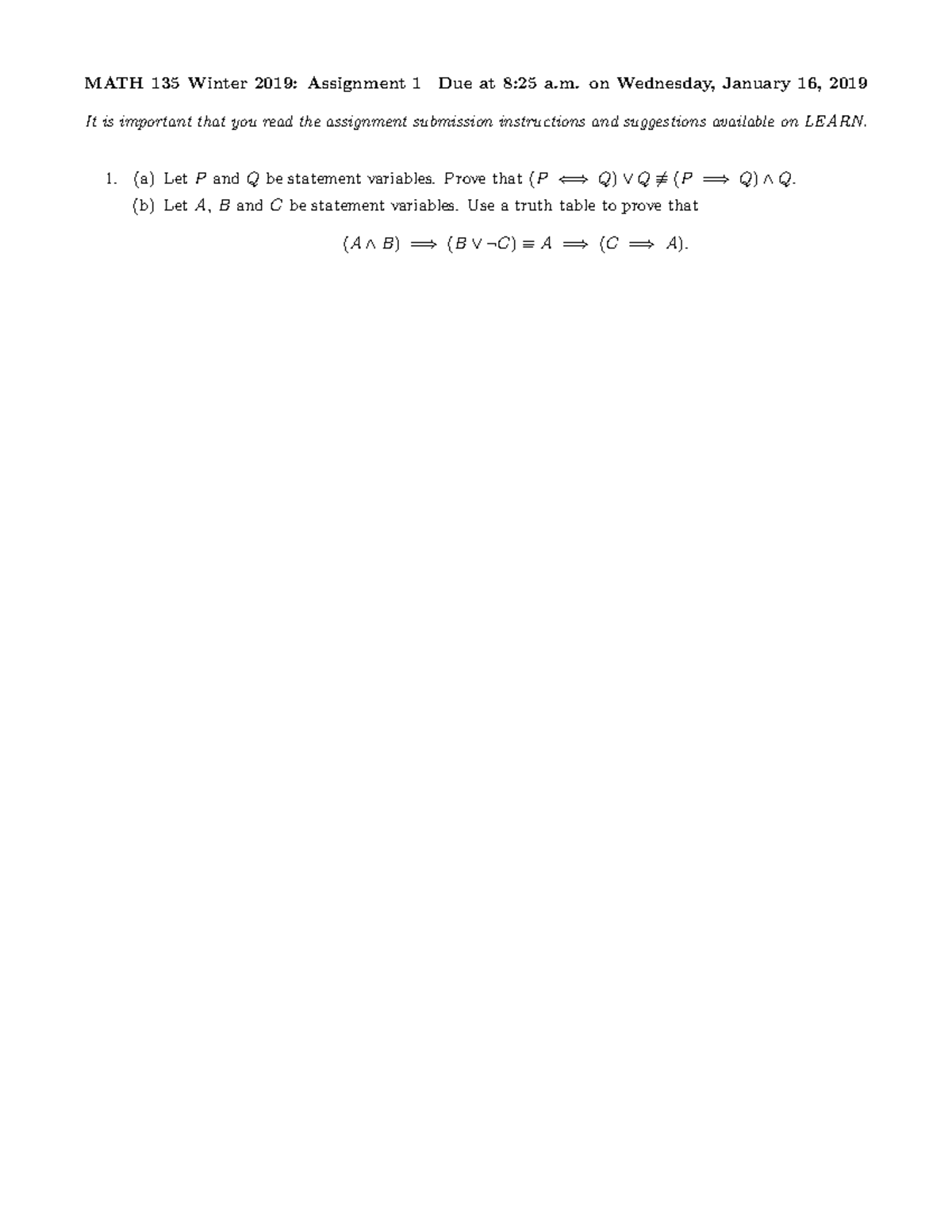 MATH135W19Assignment 01Questions - MATH 135 Winter 2019: Assignment 1 ...