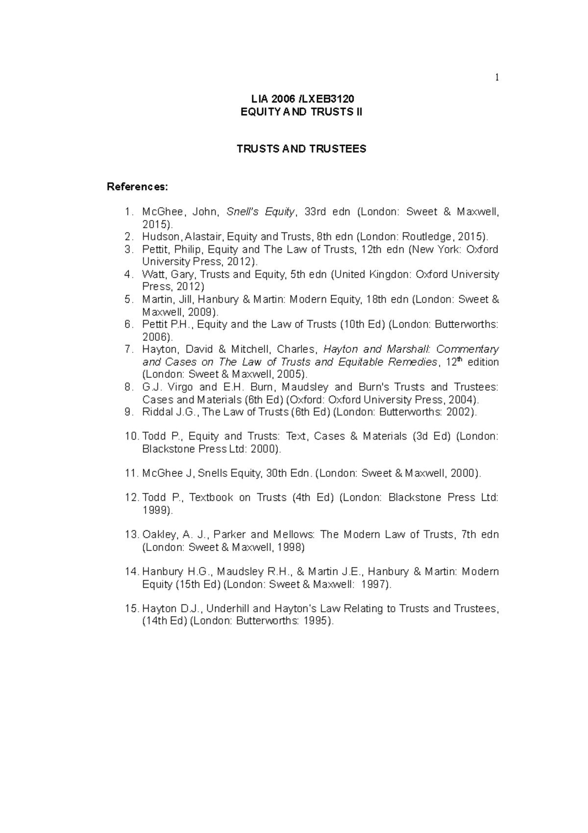 Equity TUTO Q - Tutorial - LIA 2006 /LXEB EQUITY AND TRUSTS II TRUSTS AND TRUSTEES References ...