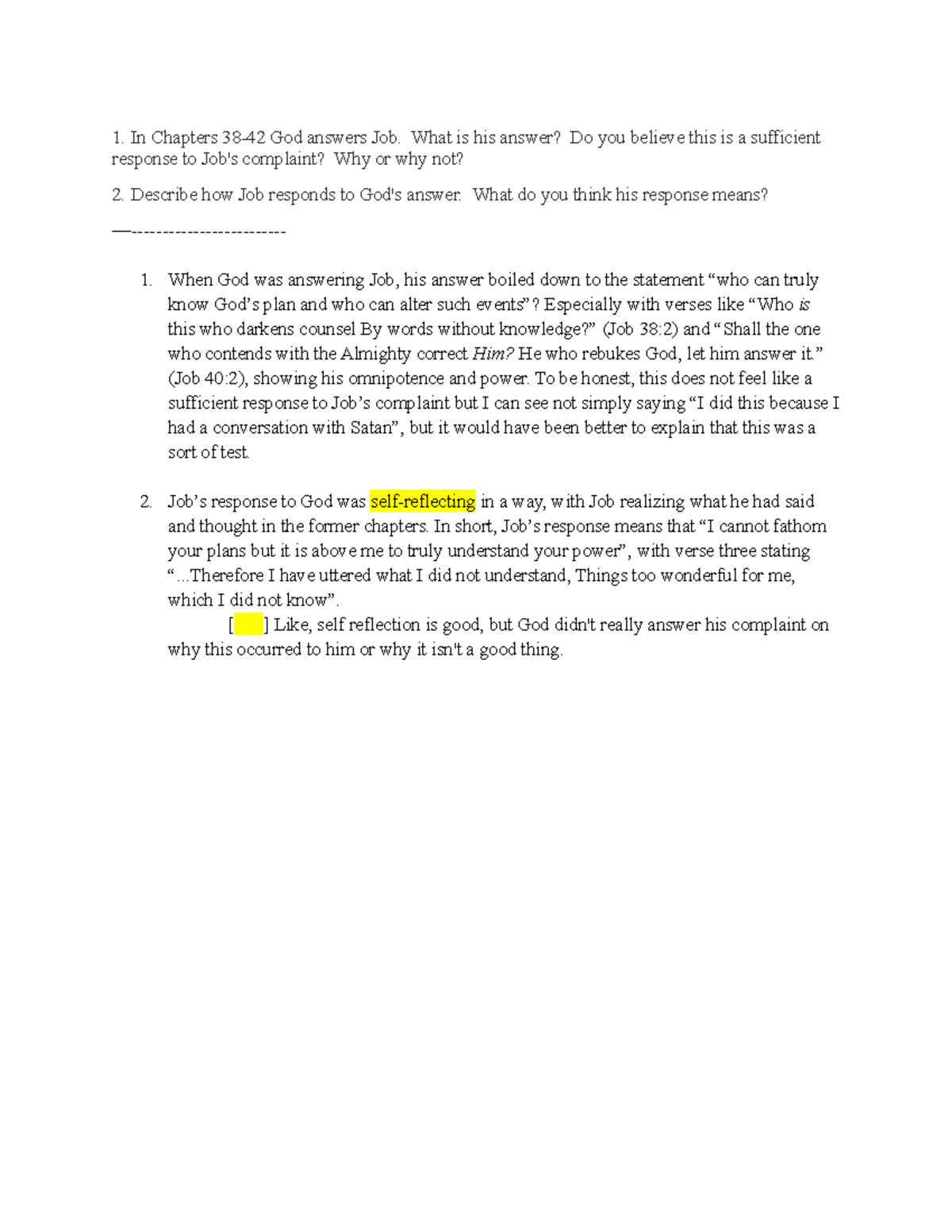 Reading question 9 - In Chapters 38-42 God answers Job. What is his ...