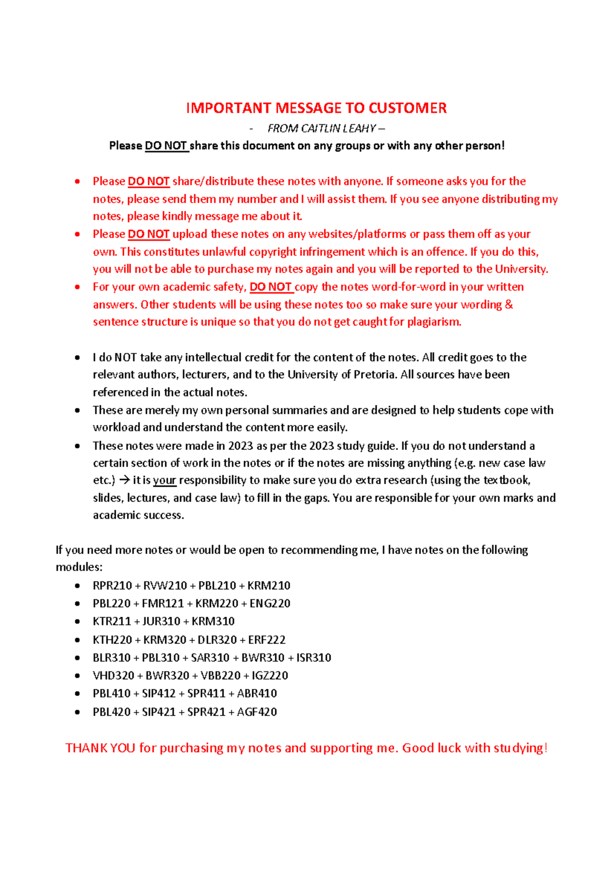 PBL410 - unit 1 - Notes - IMPORTANT MESSAGE TO CUSTOMER FROM CAITLIN ...