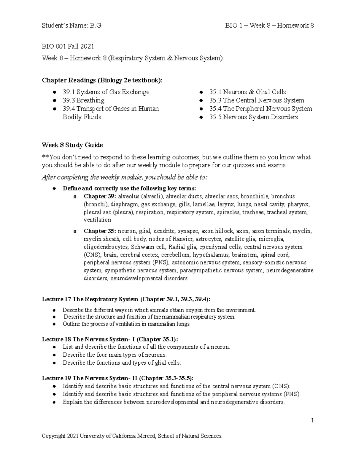 Bio 001 homework week 8 - BIO 001 Fall 2021 Week 8 – Homework 8 ...