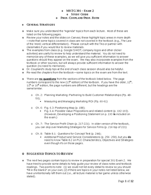 MKTG 301 - Exam 2 Sample Questions-1 - MKTG 301 – EXAM 2 SAMPLE EXAM QUESTIONS PROF. COUPLAND ...